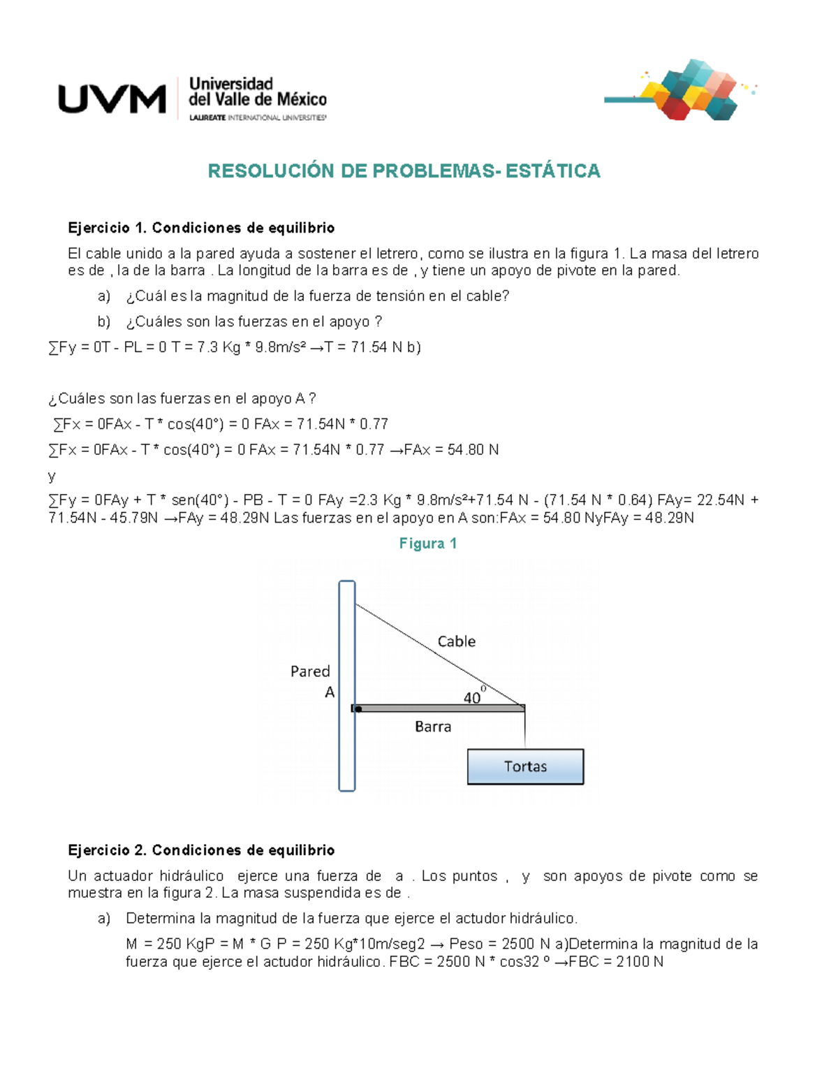A Ejercicios Estatica E5 - RESOLUCIÓN DE PROBLEMAS- ESTÁTICA Ejercicio 1. Condiciones de ...