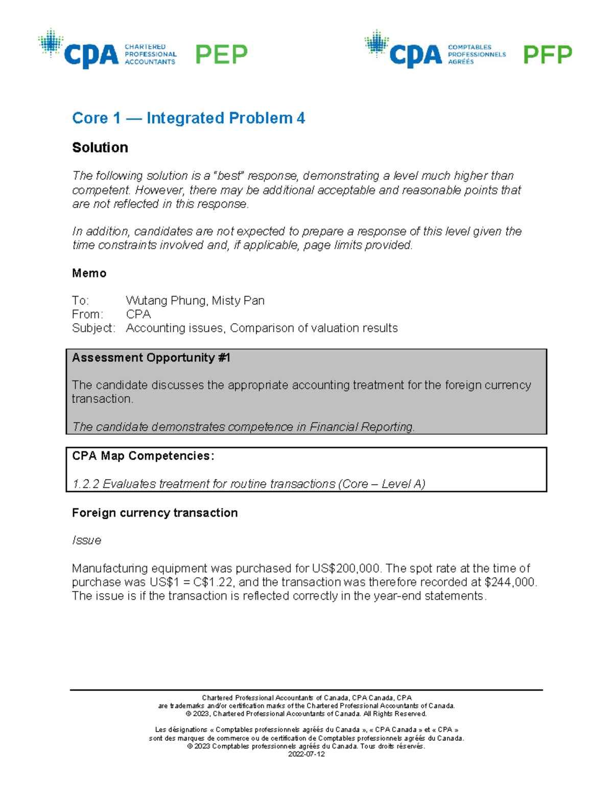 CO1-2301E-IP04 - Solution IP 04 - Chartered Professional Accountants of Canada, CPA Canada, CPA ...