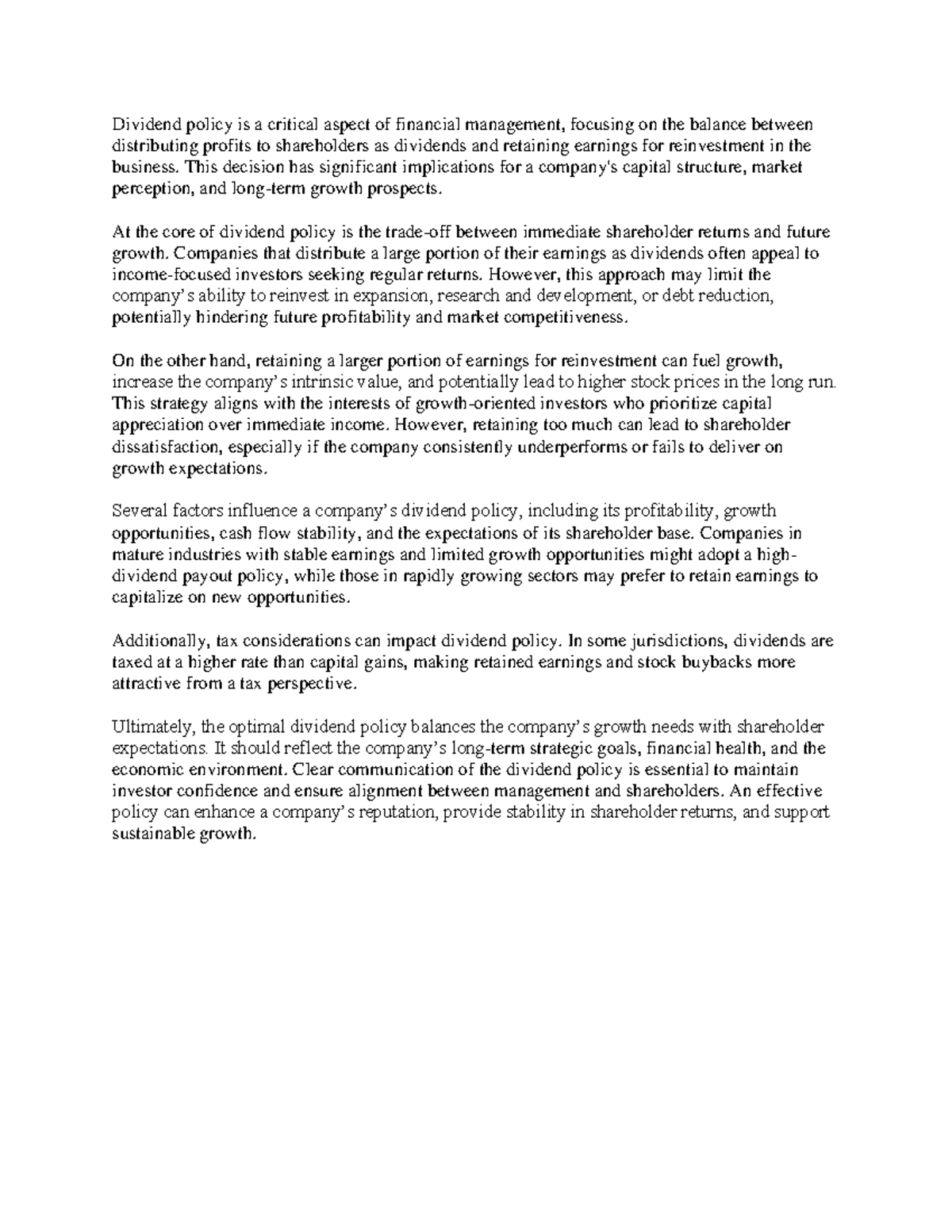 Optimal dividend policy - Dividend policy is a critical aspect of ...