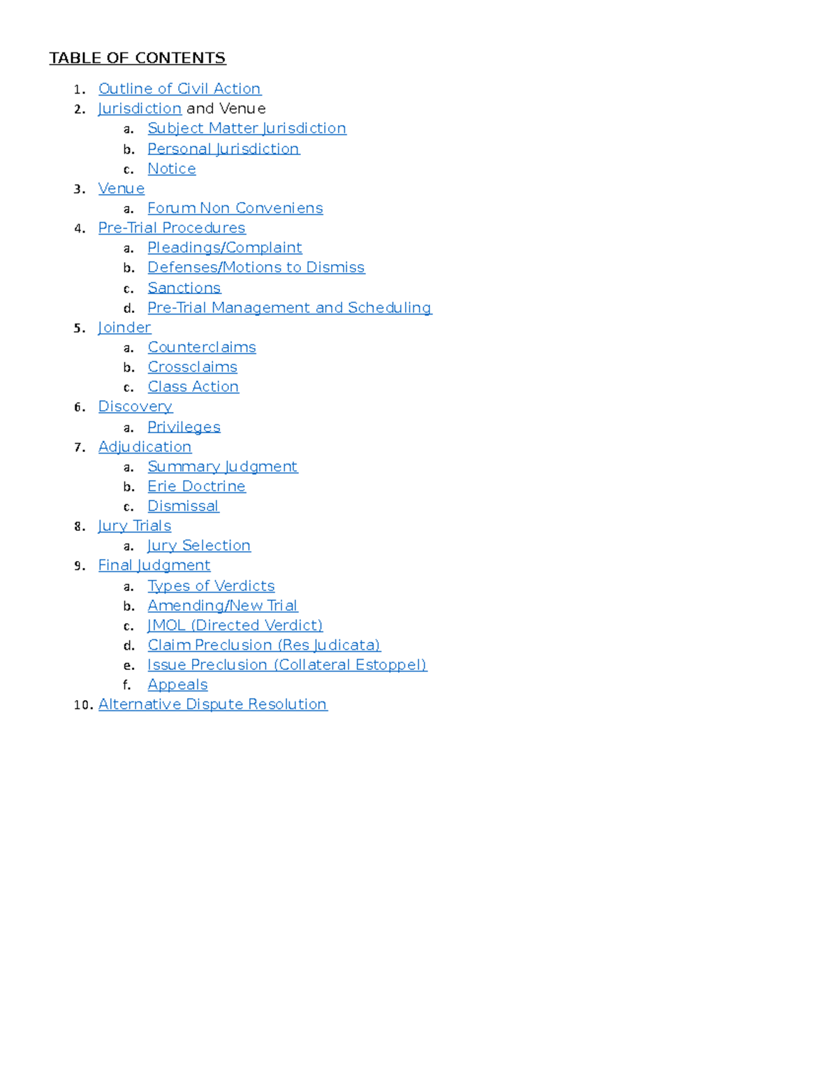 Civil Procedure (Civil Dispute Resolution) Outline - TABLE OF CONTENTS ...