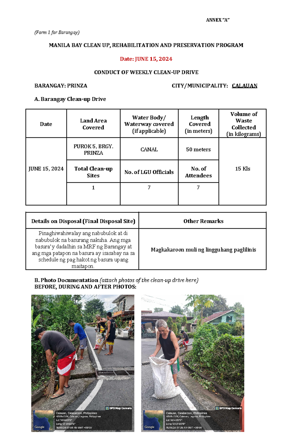 Calauan Prinza Weekly Clean UP Drive 06152024 - ANNEX “A” (Form 1 for ...