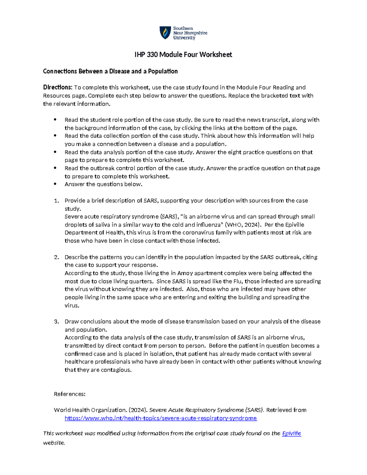 4-2 Worksheet: Connections Between a Disease and a Population - IHP 330 ...