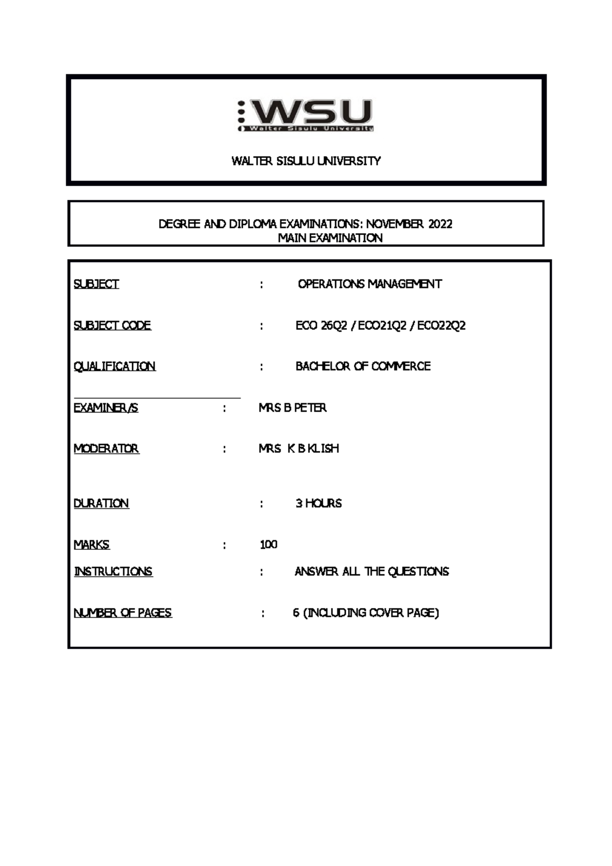 November Examination 2022 - WALTER SISULU UNIVERSITY DEGREE AND DIPLOMA ...