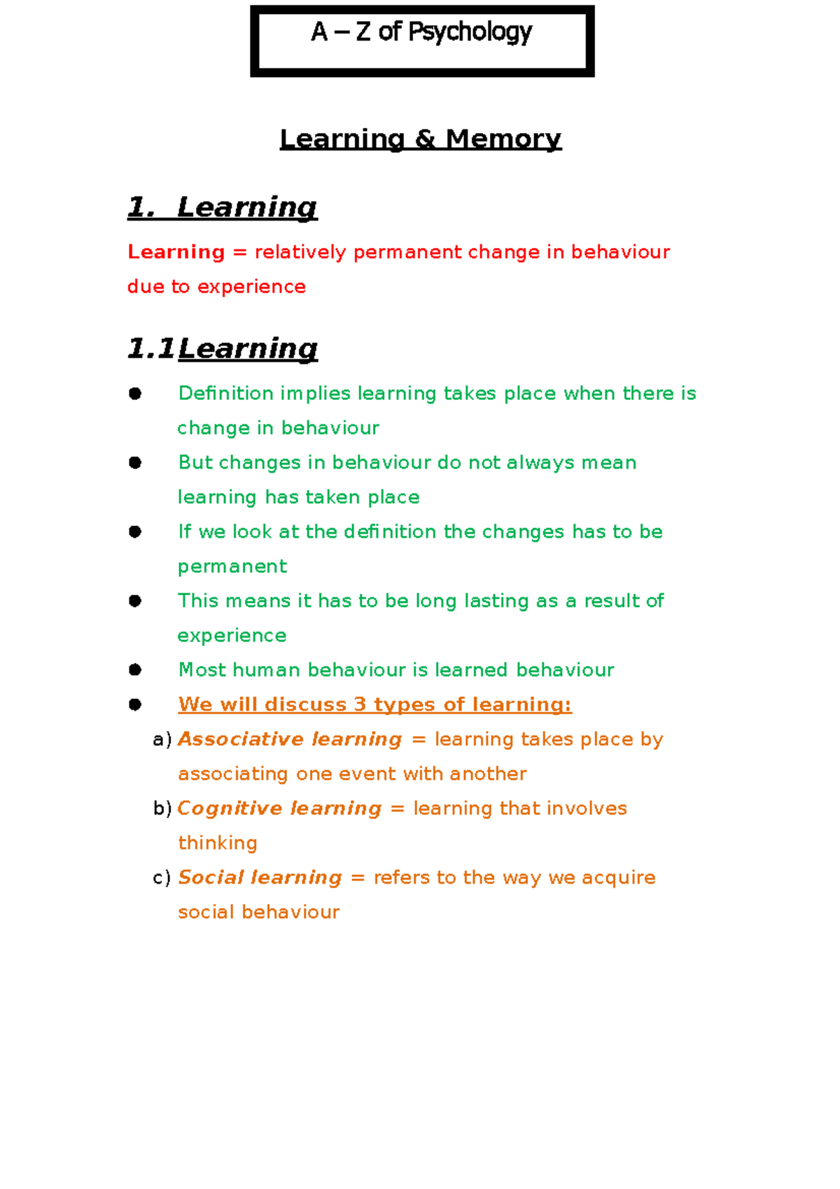 Basic psychology - learning memory is a summary - Learning & Memory 1 ...