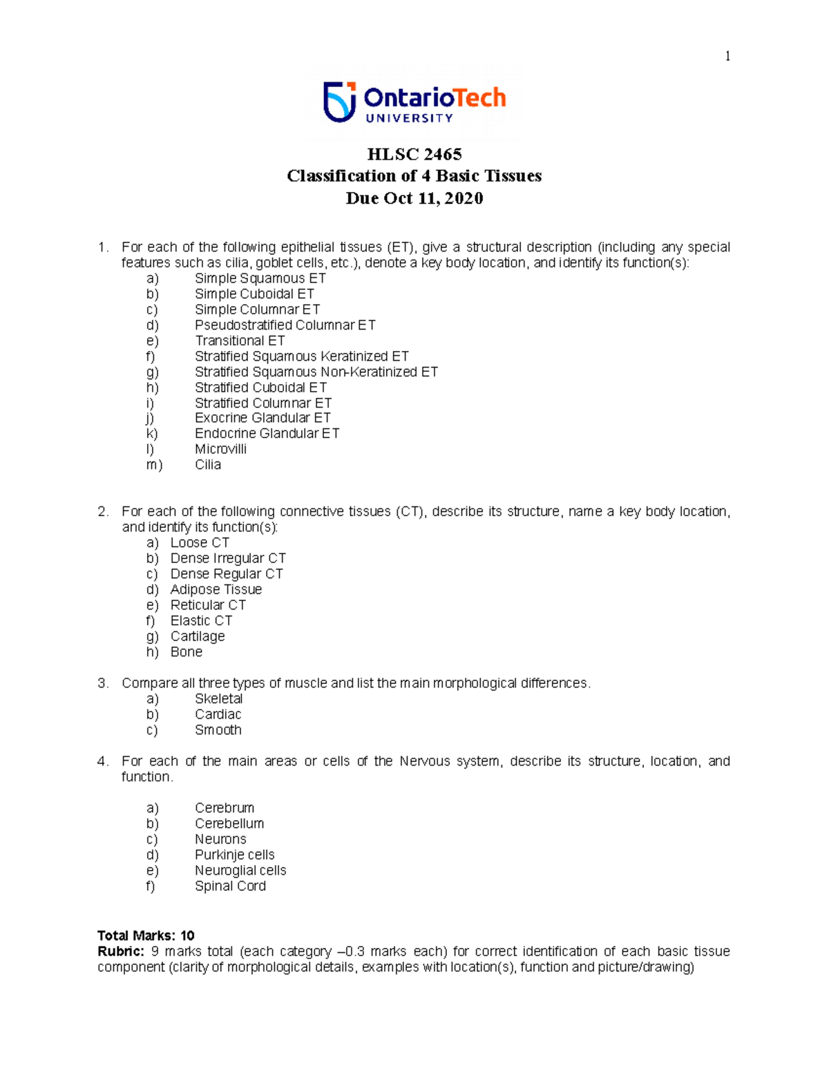 HLSC 4 Basic Tissues assignment 2020 - HLSC 2465 Classification of 4 ...