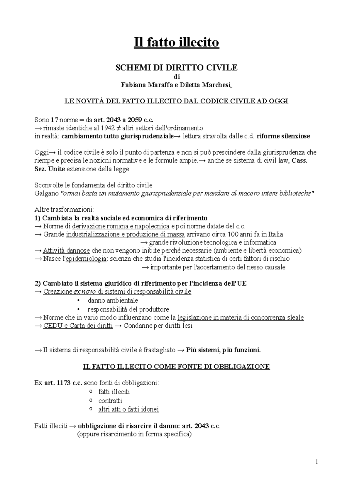 Riassunto L'illecito - Il fatto illecito SCHEMI DI DIRITTO CIVILE di ...