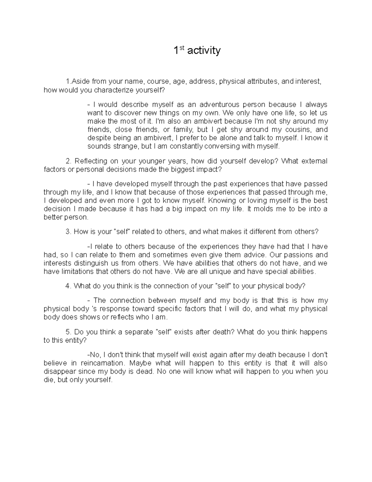 Activity in understanding the self - 1 st activity 1 from your name, course, age, address ...