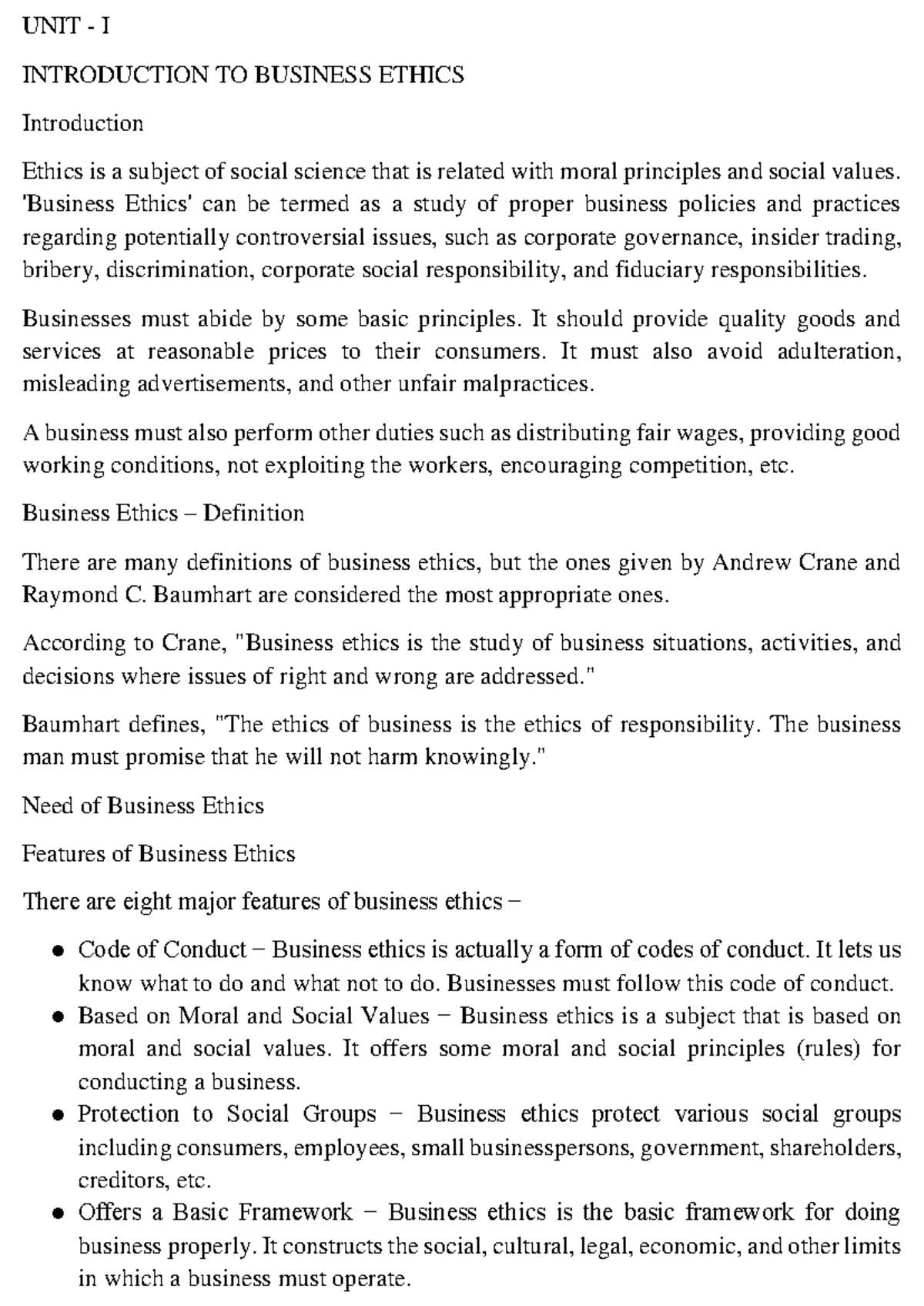 Business Ethics and Corporate Governance - Notes - UNIT - I ...
