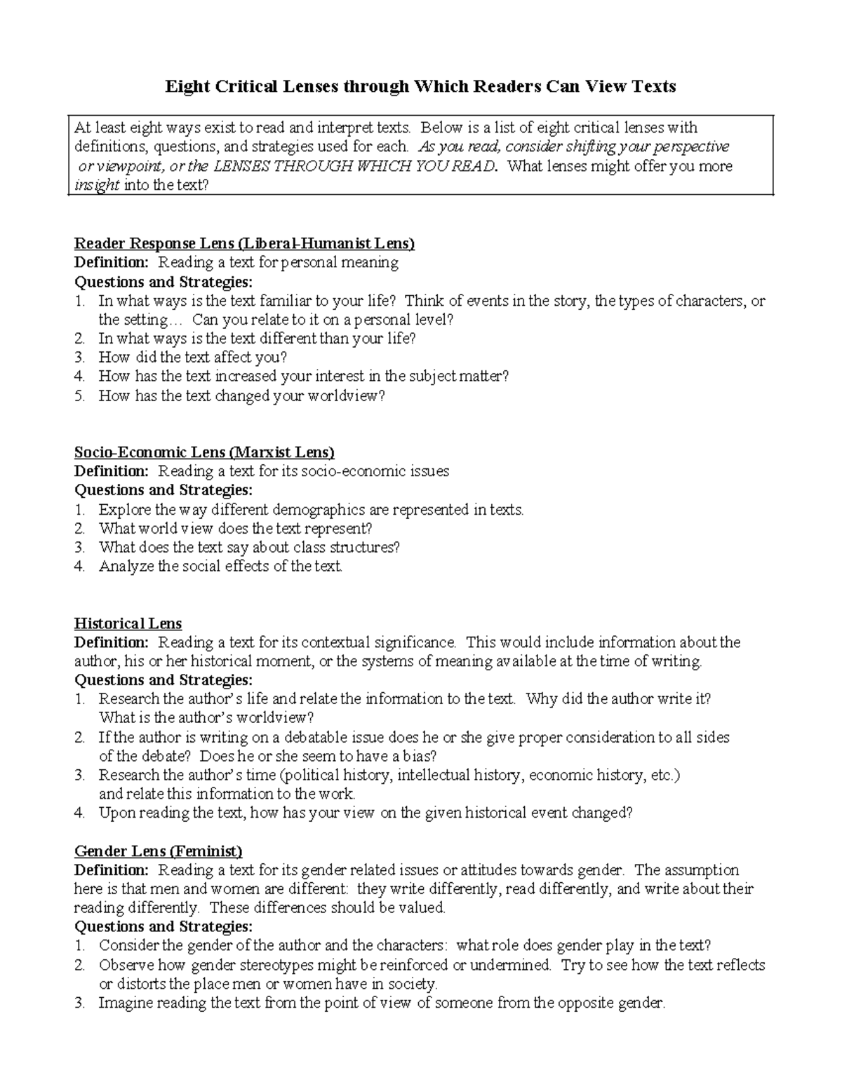 Eight Critical Lenses - Below is a list of eight critical lenses with ...
