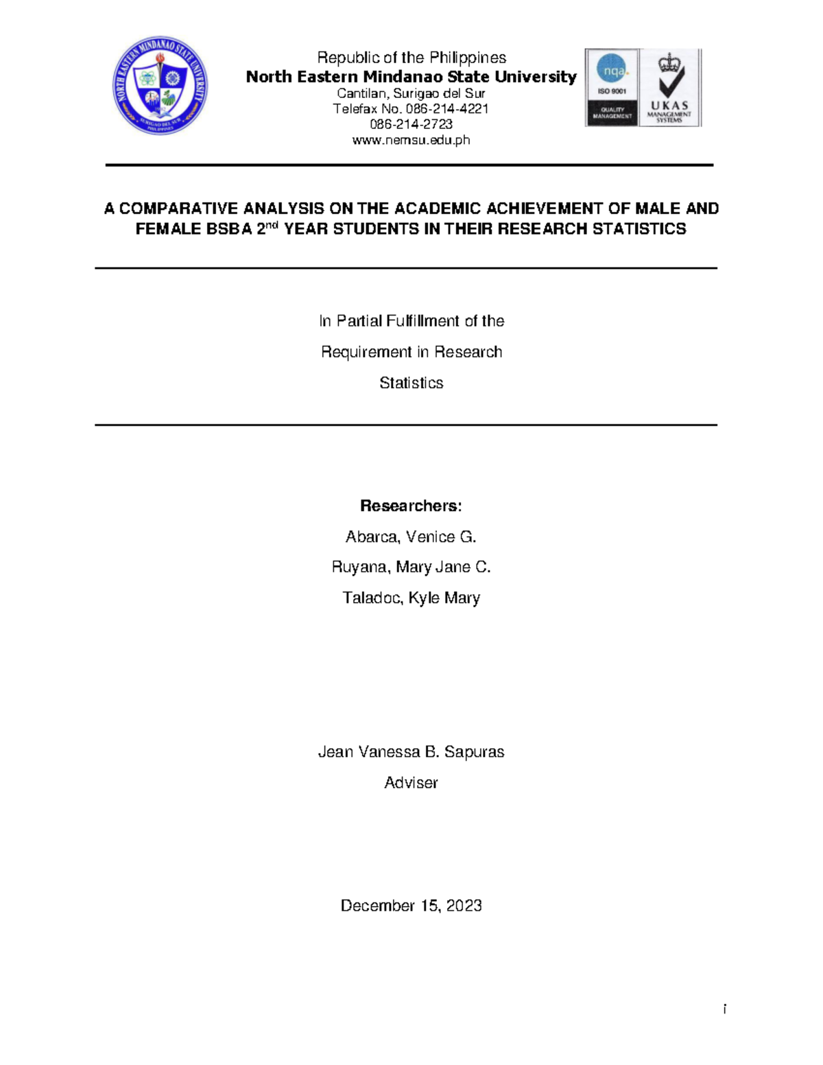 Research stat - none - North Eastern Mindanao State University Cantilan ...