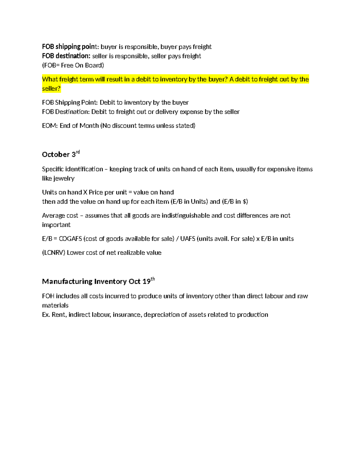 Inventory Notes - FOB shipping point: buyer is responsible, buyer pays ...