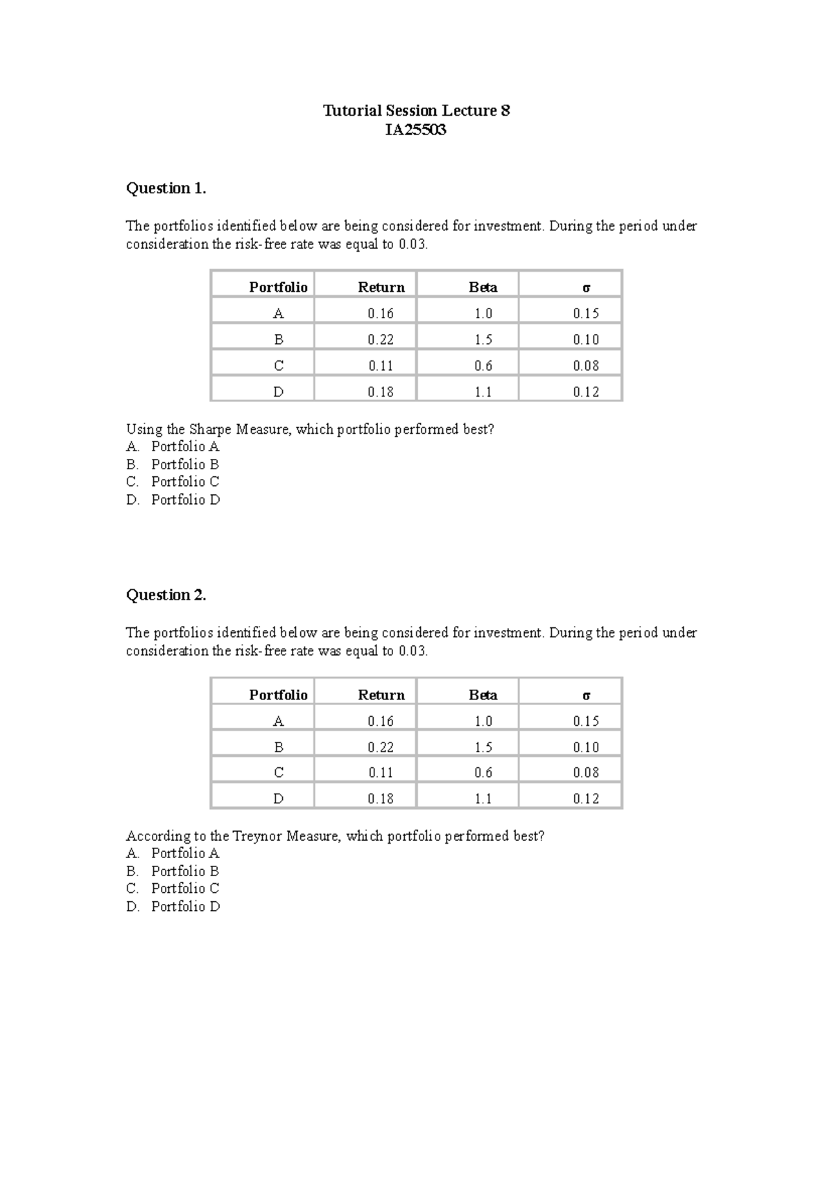 Tutorial Session Lecture 8 Questions Jan22 Tutorial Session 5509
