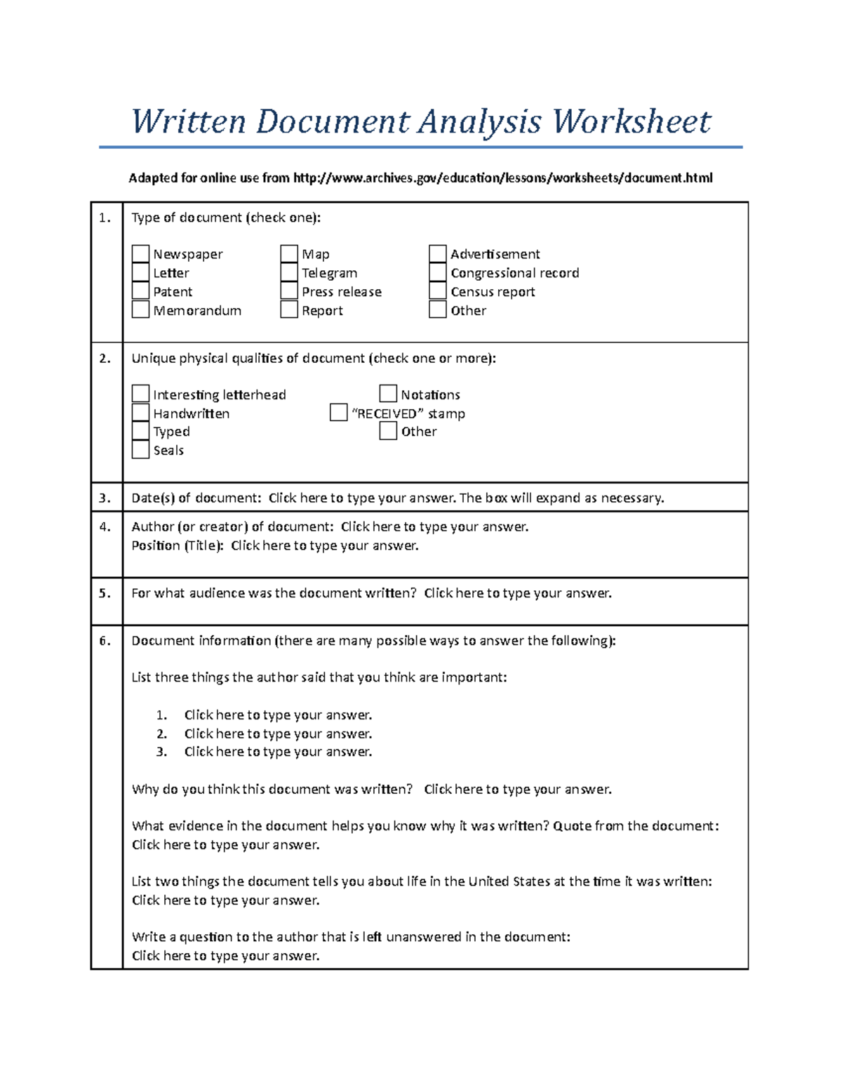Primary Document Analysis Worksheet - Written Document Analysis Worksheet Adapted for online use ...