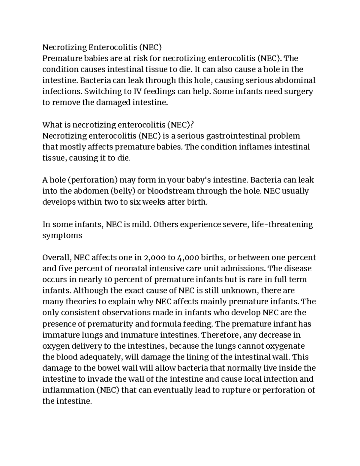 Necrotizing Enterocolitis (NEC) - The condition causes intestinal ...