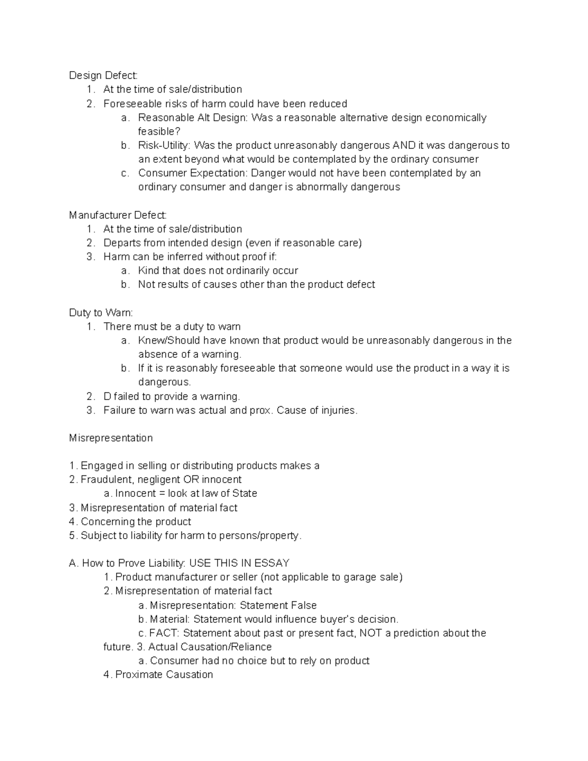 Product Liability Cheat Sheet - Design Defect: 1. At the time of sale ...