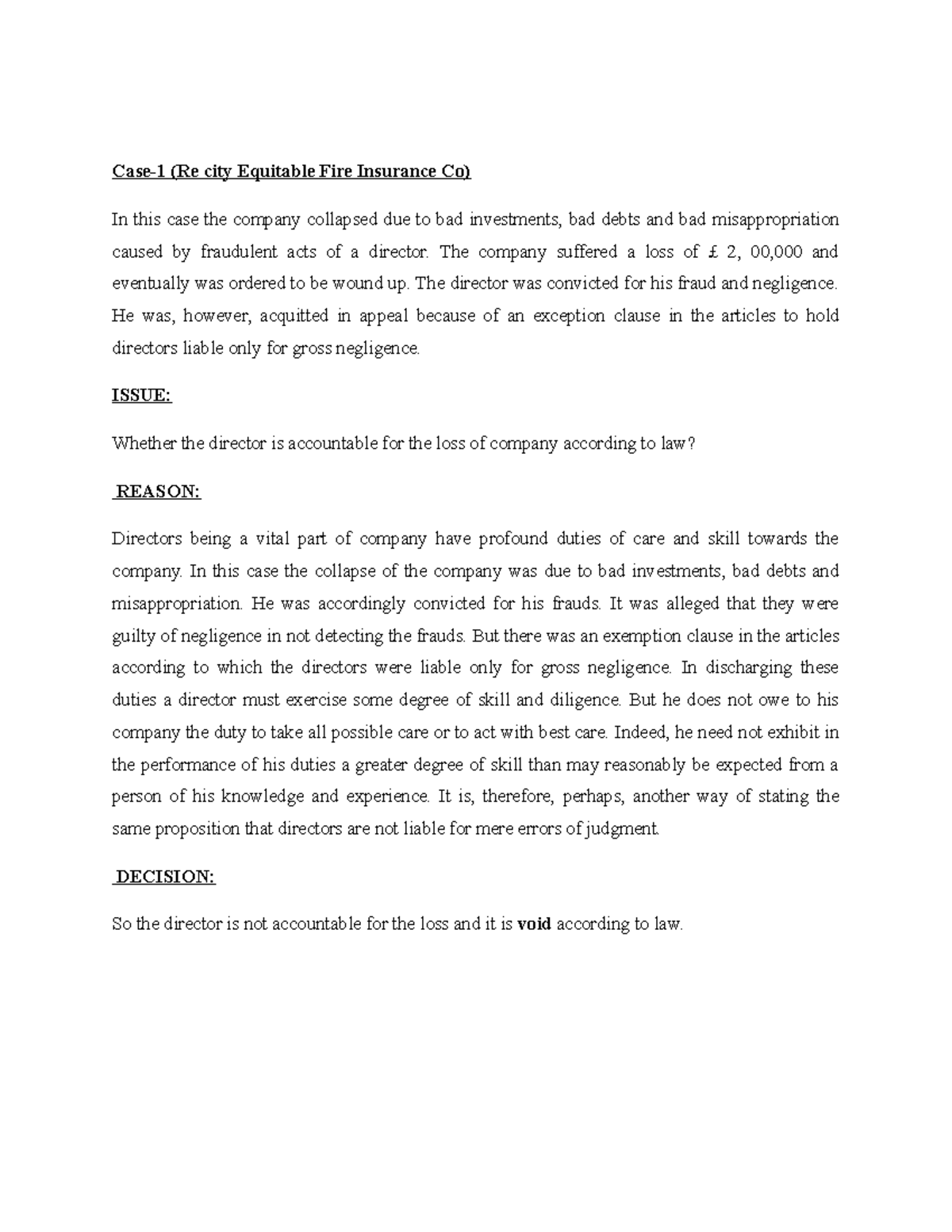 Corporate Law Cases - Case-1 (Re city Equitable Fire Insurance Co) In ...