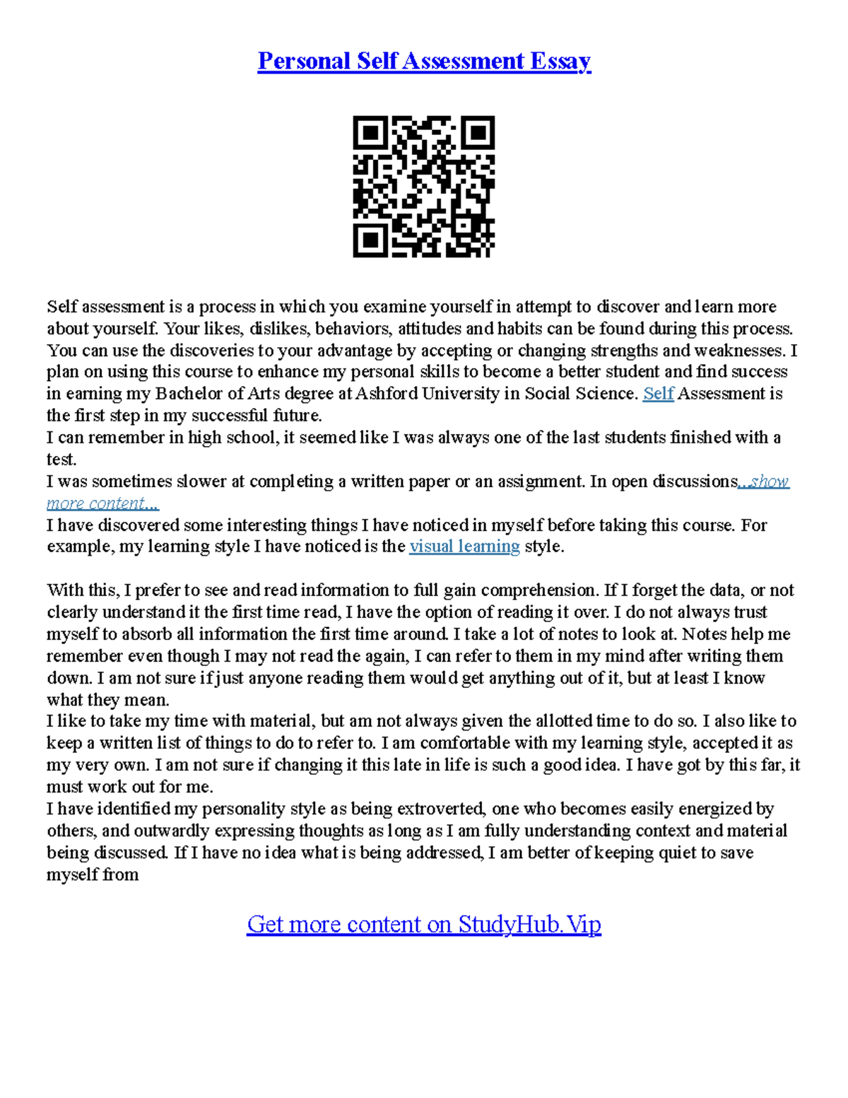 Write An Essay About Yourself - Personal Self Assessment Essay Self ...