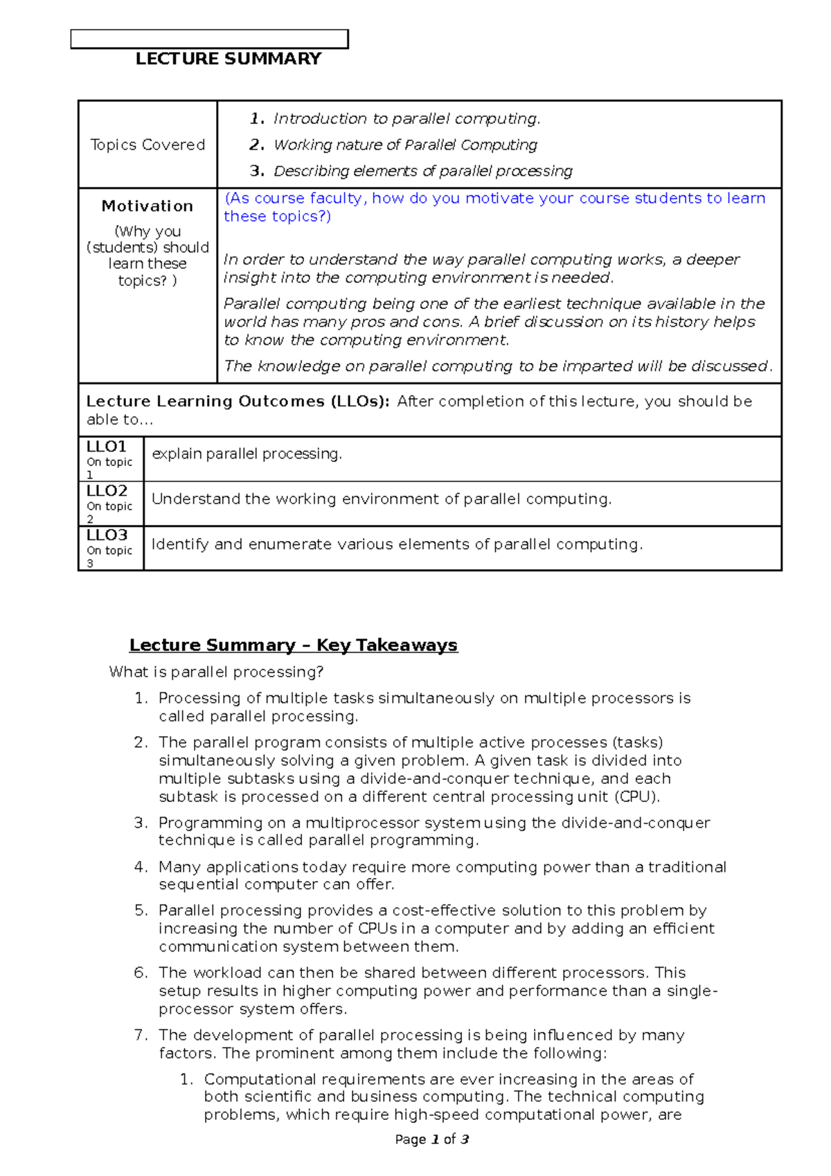 CC1 - Introduction to Parallel computing - LECTURE SUMMARY Topics ...