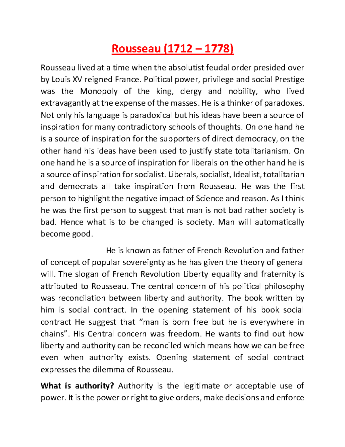 Rousseau Full - Lecture notes 3 - Rousseau (1712 – 1778) Rousseau lived ...