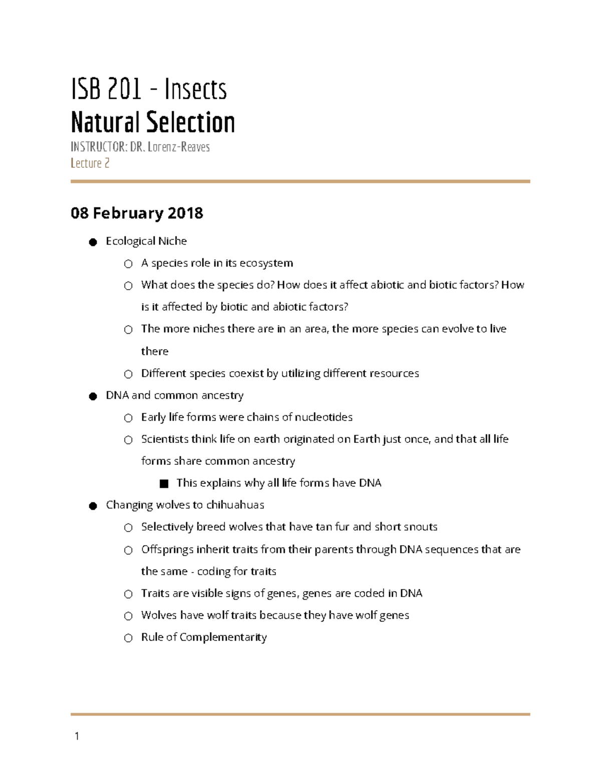 Natural Selection - Lecture notes 5 - ISB 201 - Insects Natural ...