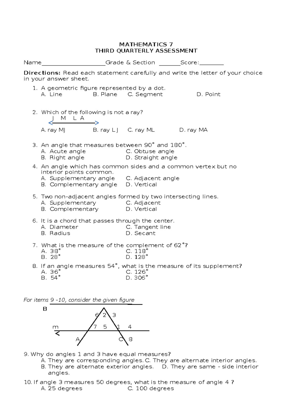 Exammmmm - MATHEMATICS 7 THIRD QUARTERLY ASSESSMENT Name ...