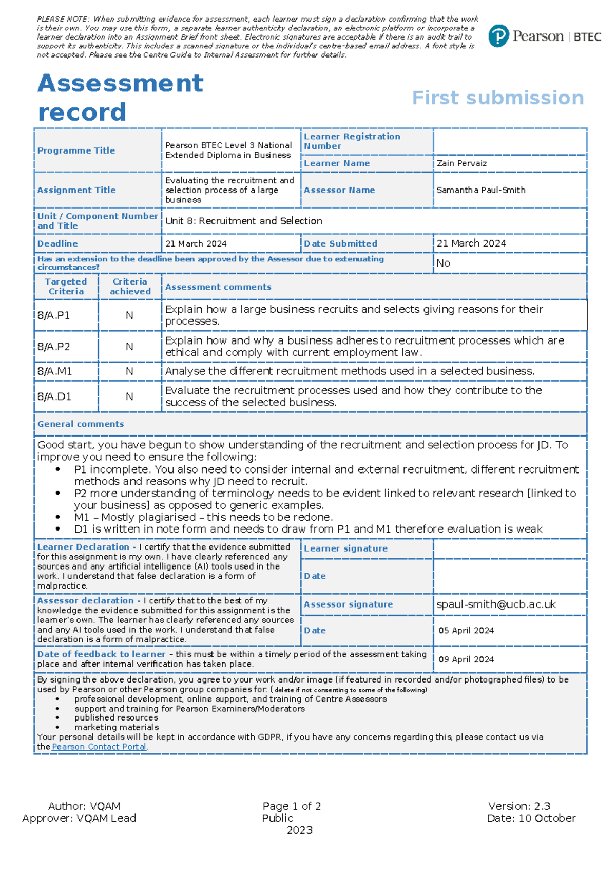 Assessment Record.Zain Pervaiz - PLEASE NOTE: When submitting evidence ...