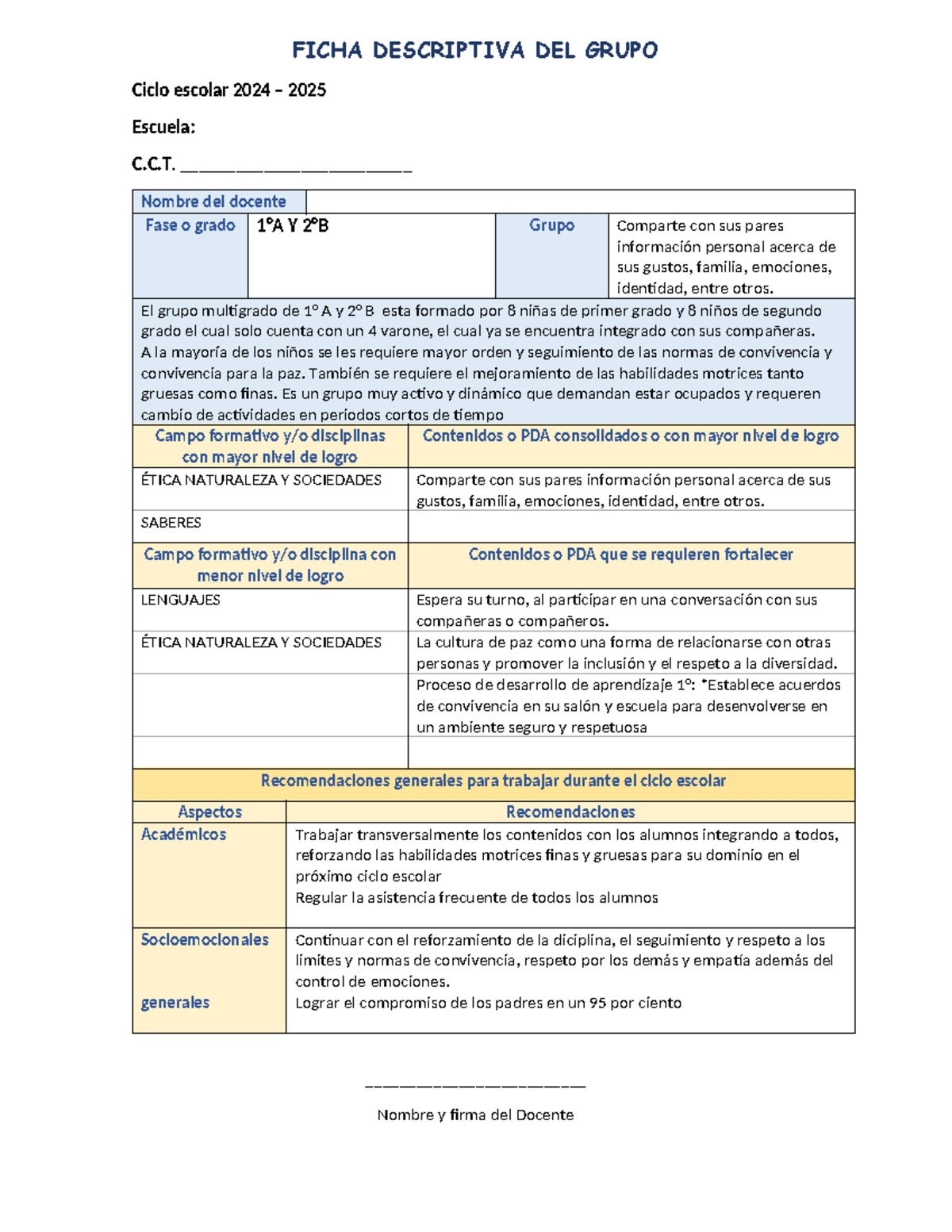 Ficha Descriptiva Grupal 2 - FICHA DESCRIPTIVA DEL GRUPO Ciclo escolar ...