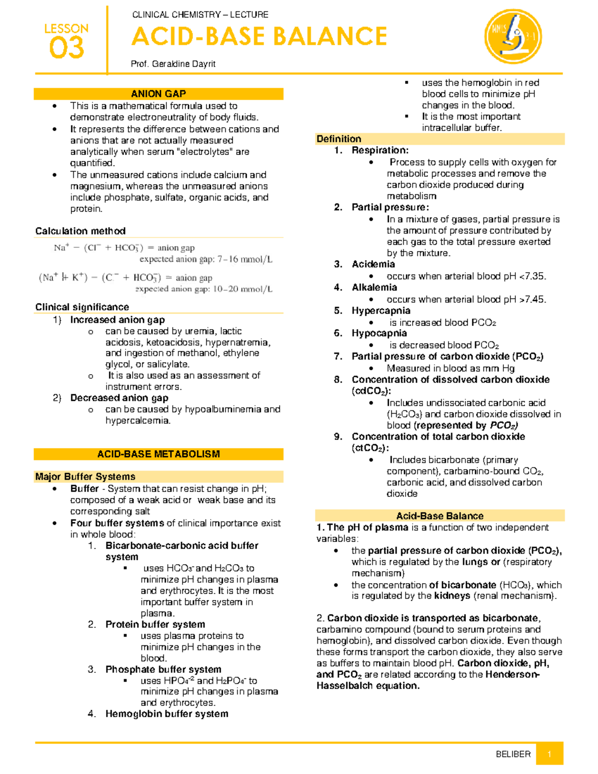 Acid Base Balance - CLINICAL CHEMISTRY – LECTURE BELIBER 1 ACID-BASE ...