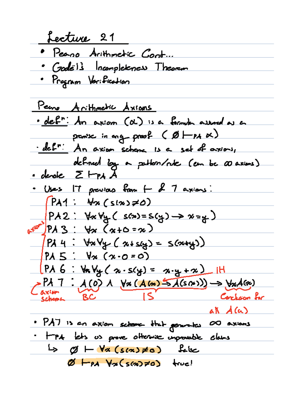 Kris Lecture 21 CS245 - Lecture 21 Peano Arithmetic Cont Godel's Incompleteness Theorem Program ...