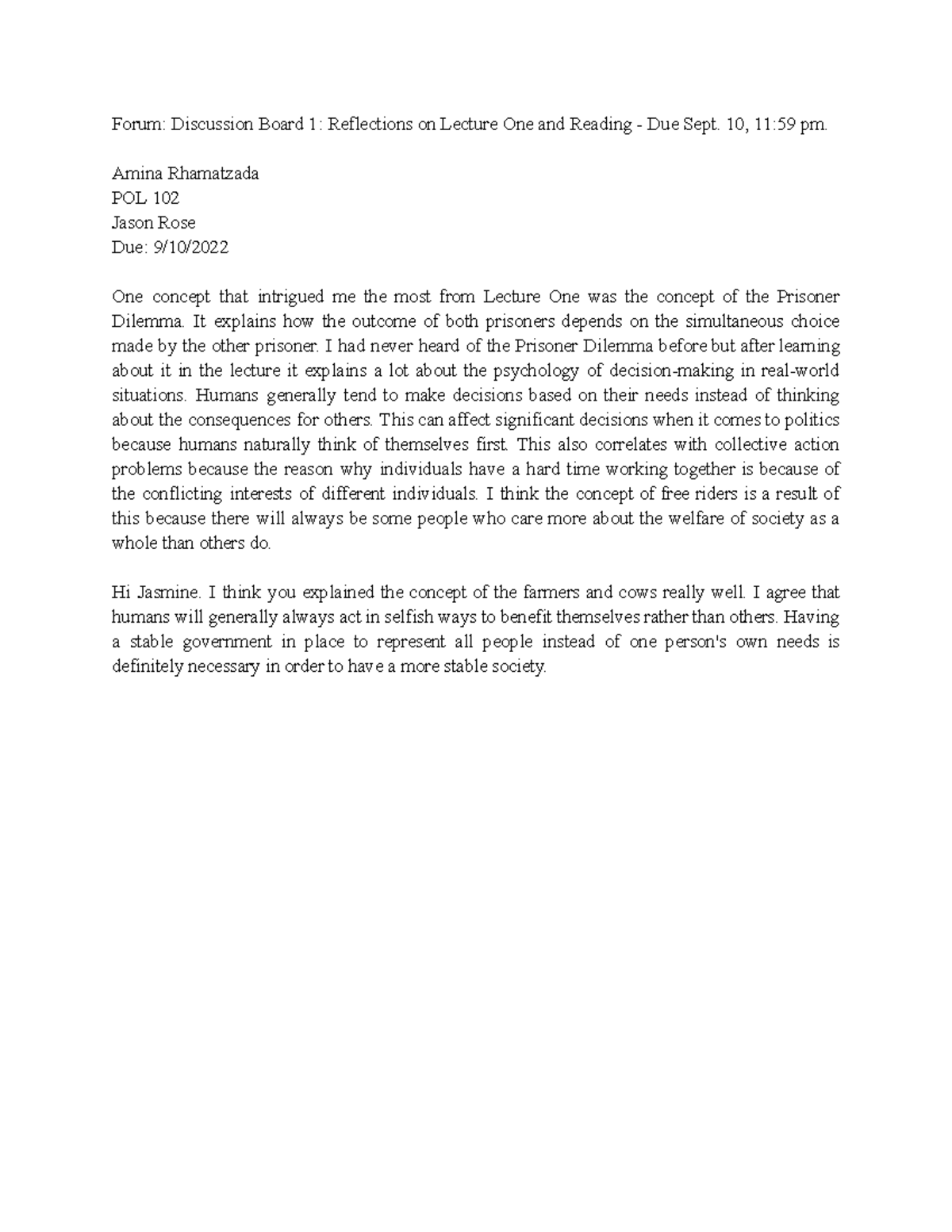 Pol 102 Discussion Board 1 - Forum: Discussion Board 1: Reflections on ...