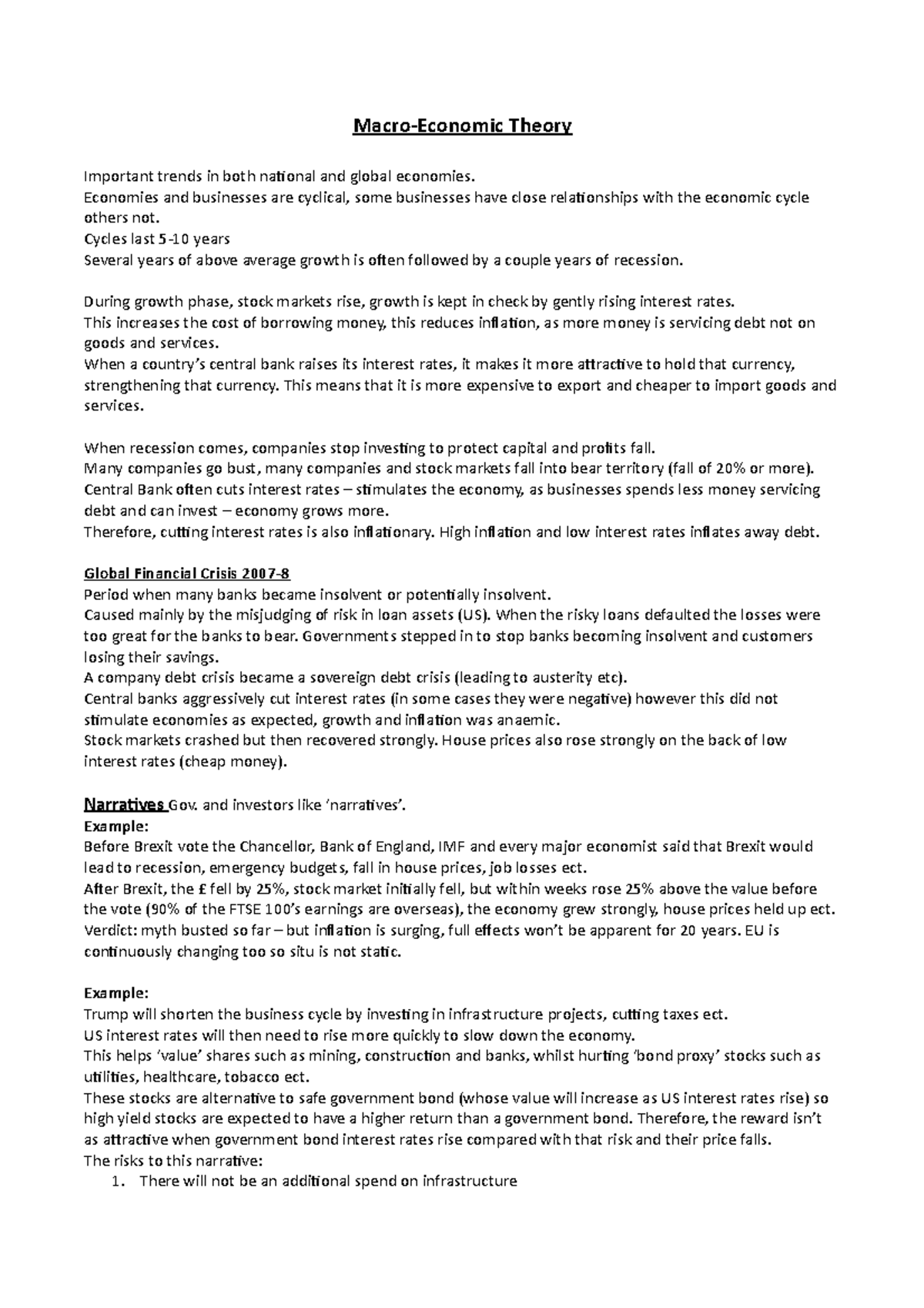 Econ Revison Notes - Macro-Economic Theory Important trends in both ...