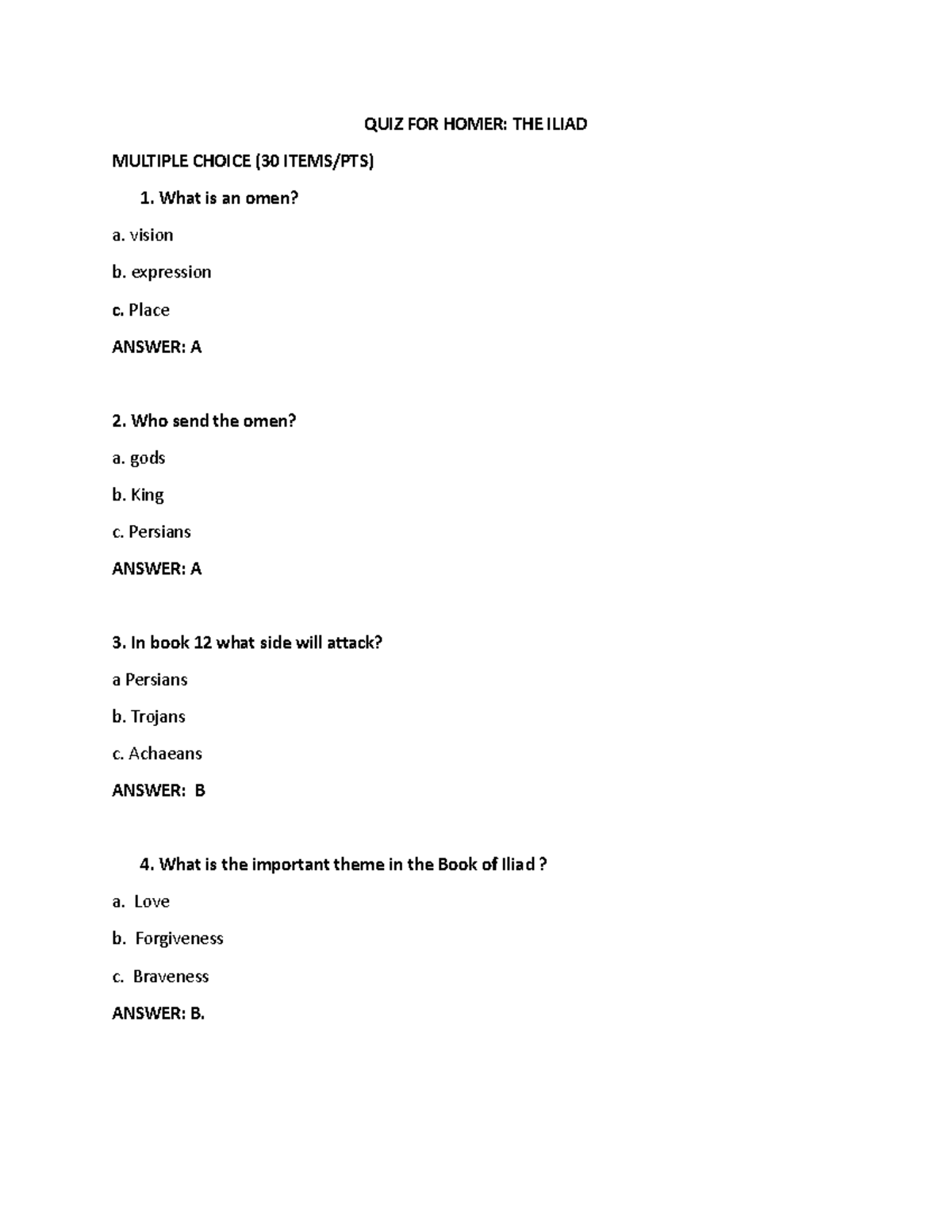 QUIZ-FOR- Group-1- Homer THE- Iliad - QUIZ FOR HOMER: THE ILIAD ...
