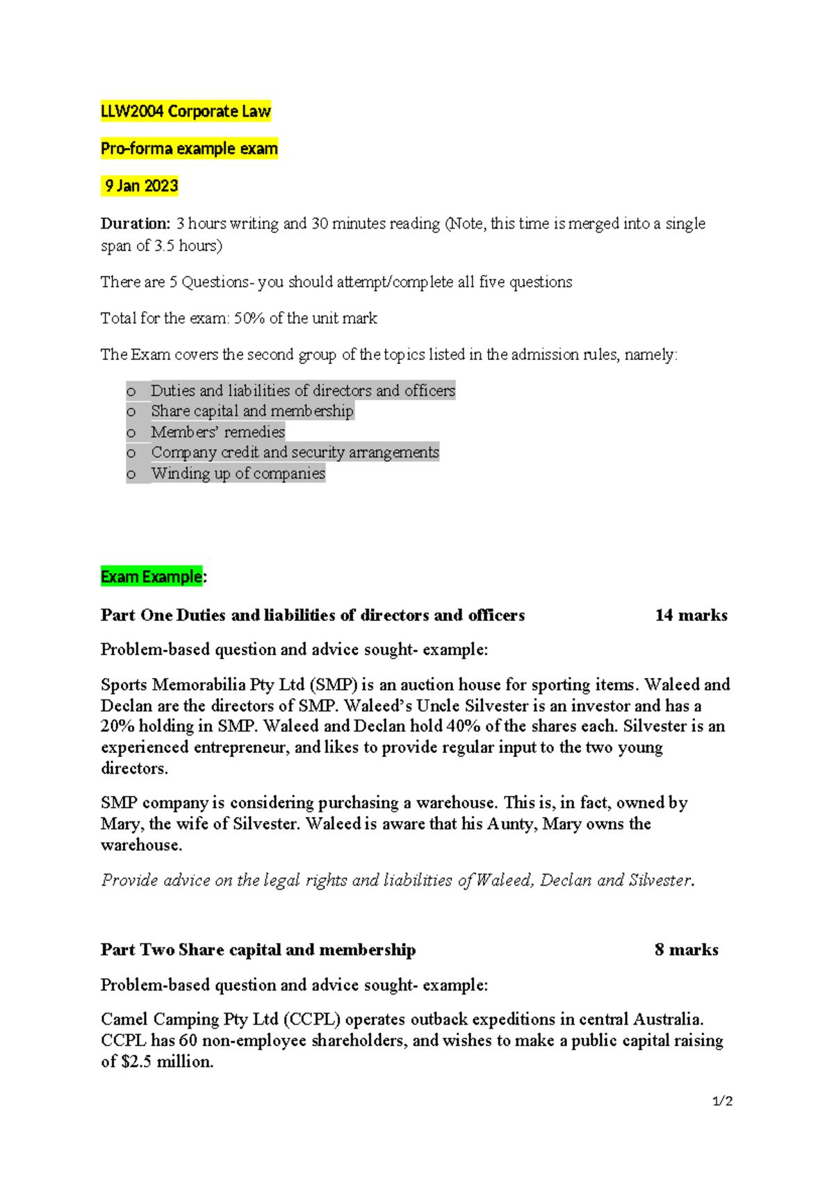 Proforma example exam LLW2004 Jan 2023 - LLW2004 Corporate Law Pro ...