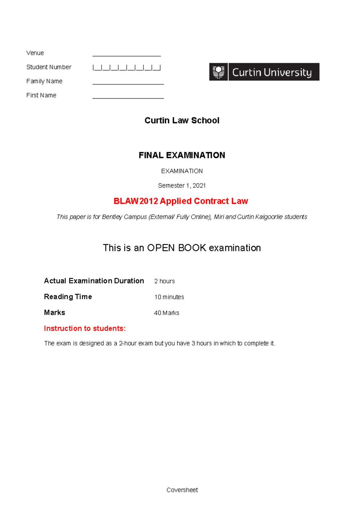 Applied Contract Law Semester 1 2021 Final Exam Upload Blaw2012