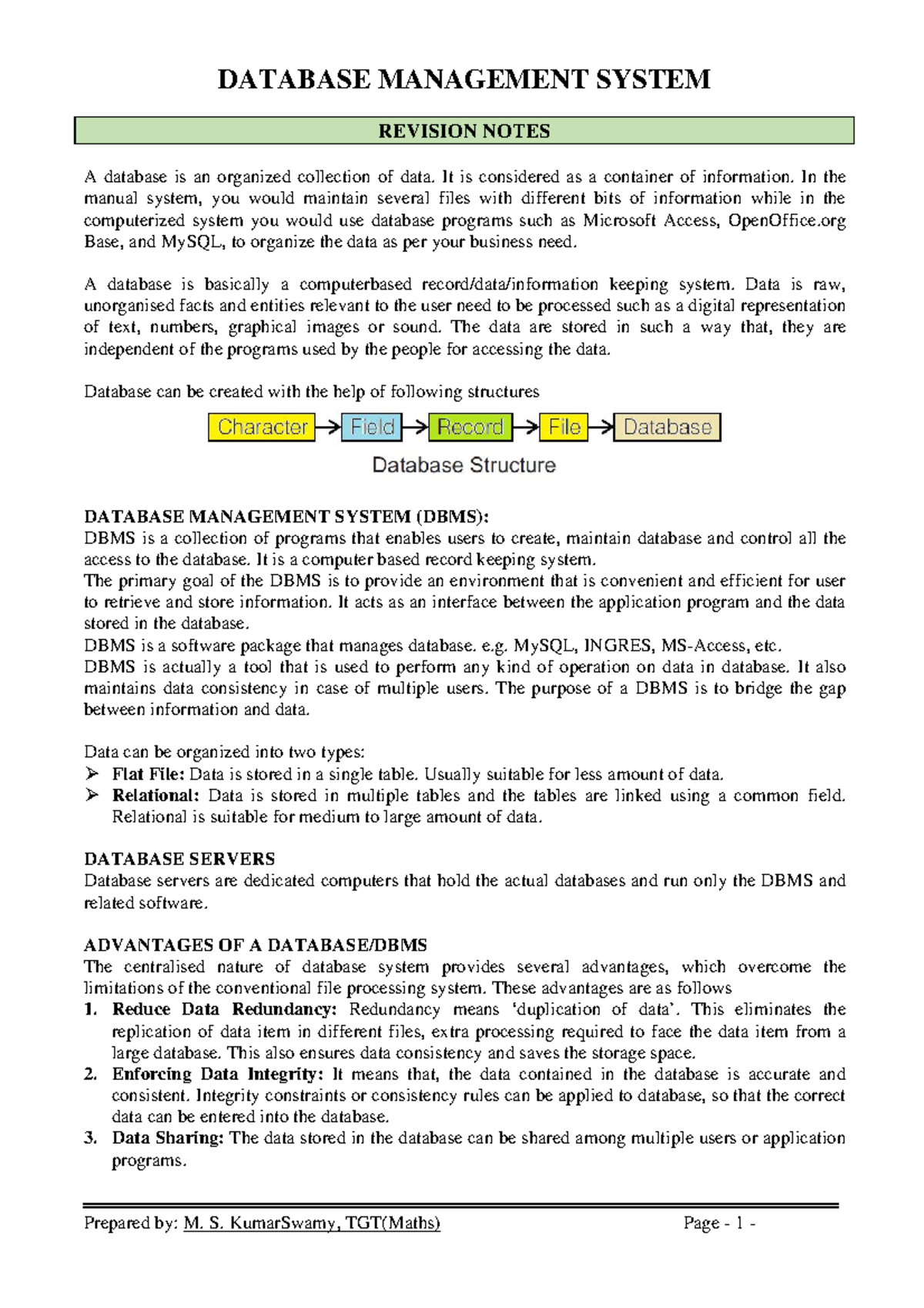 03 database management system revision notes - DATABASE MANAGEMENT ...