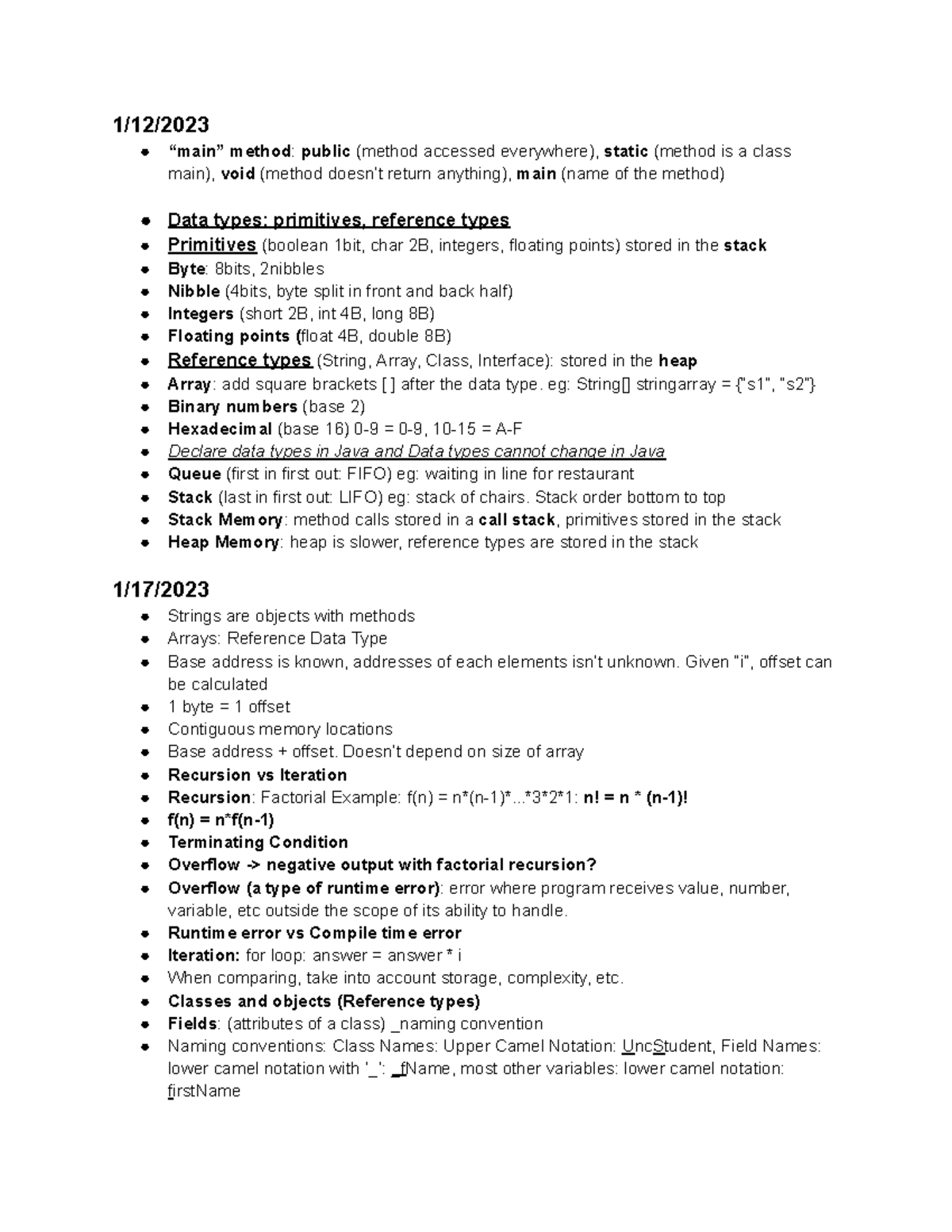 Comp210 first few weeks - 1/12/ “main” method: public (method accessed everywhere), static ...