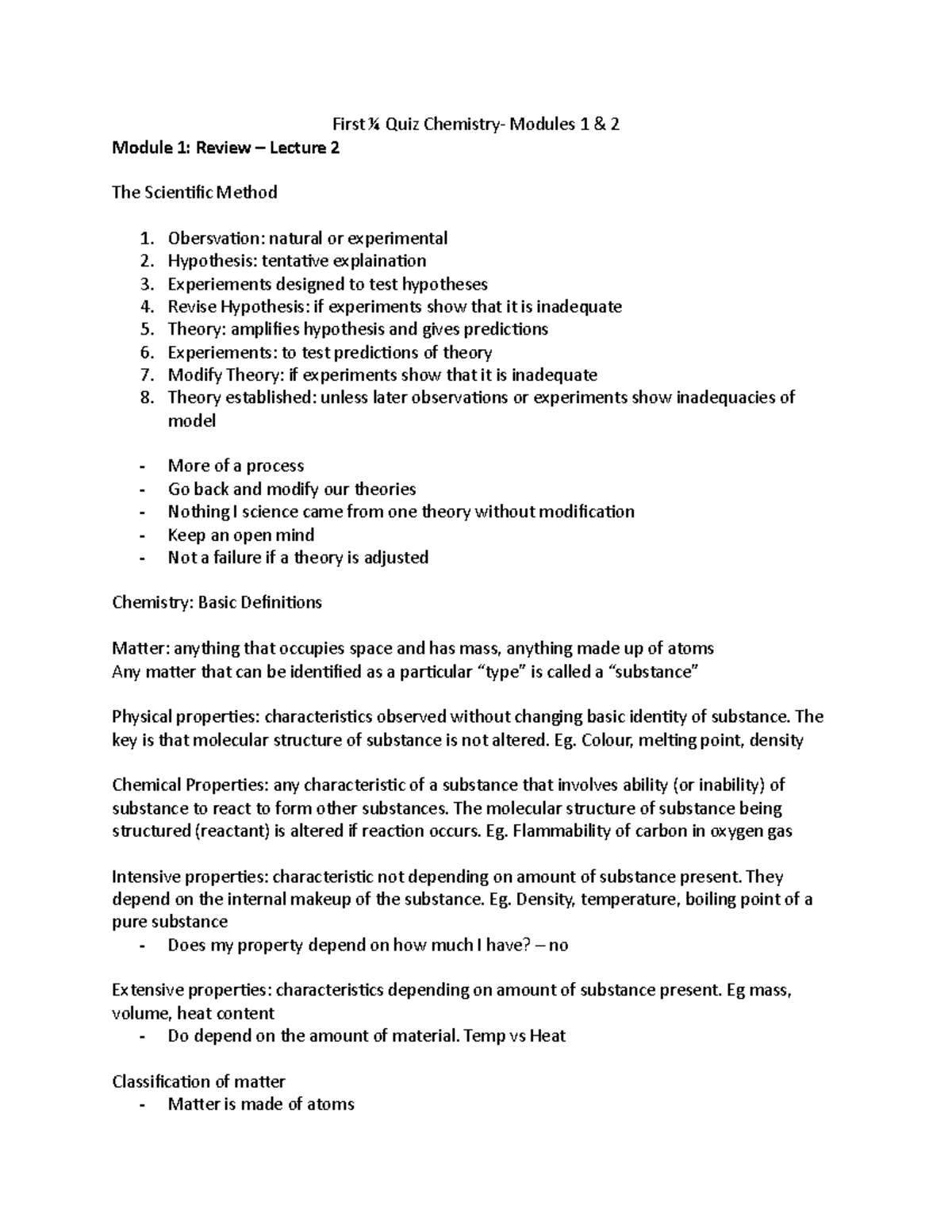Quarterly quiz 2 Notes - First ¼ Quiz Chemistry- Modules 1 & 2 Module 1 ...