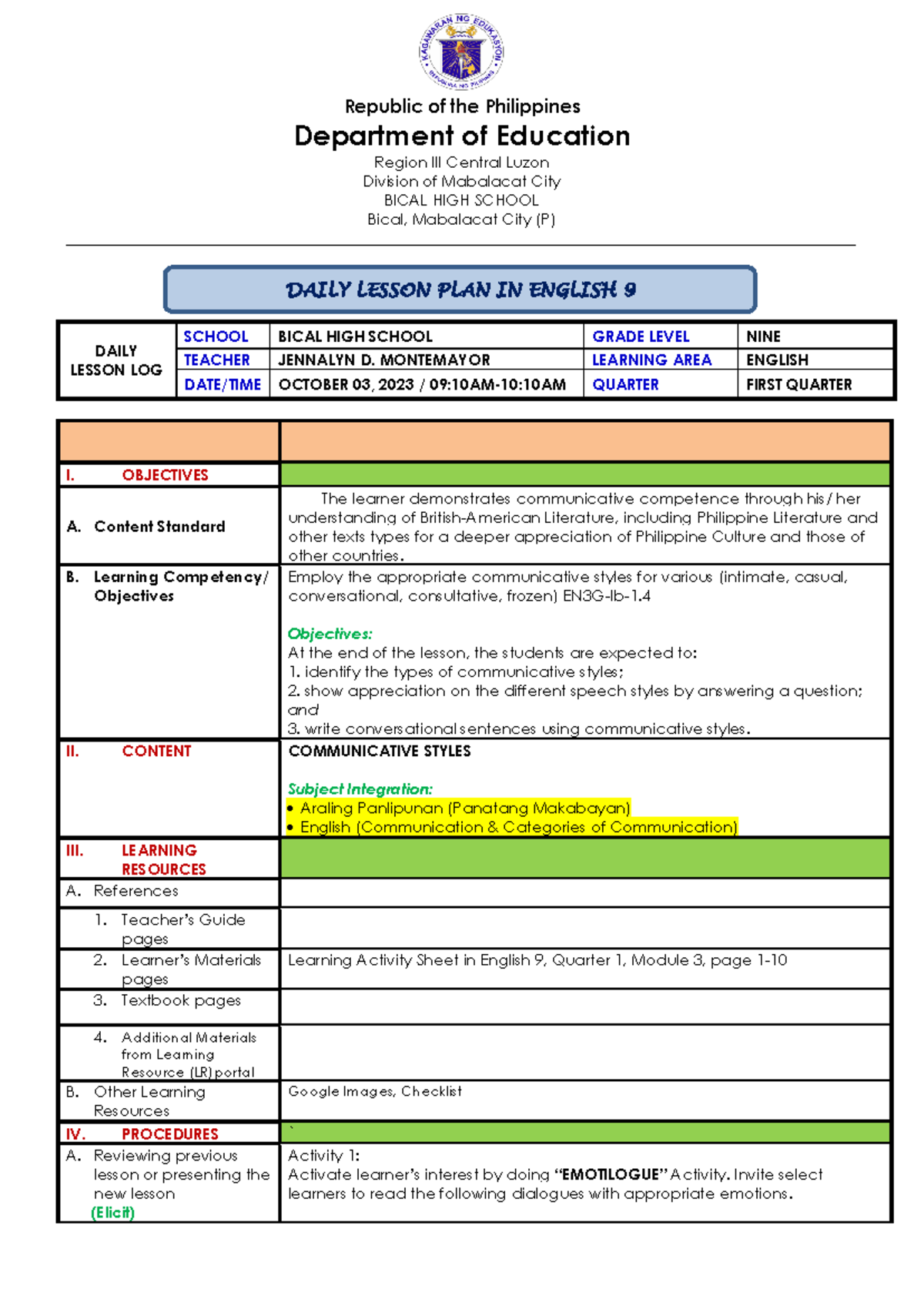 Lesson Plan on Communicative Styles - Republic of the Philippines ...