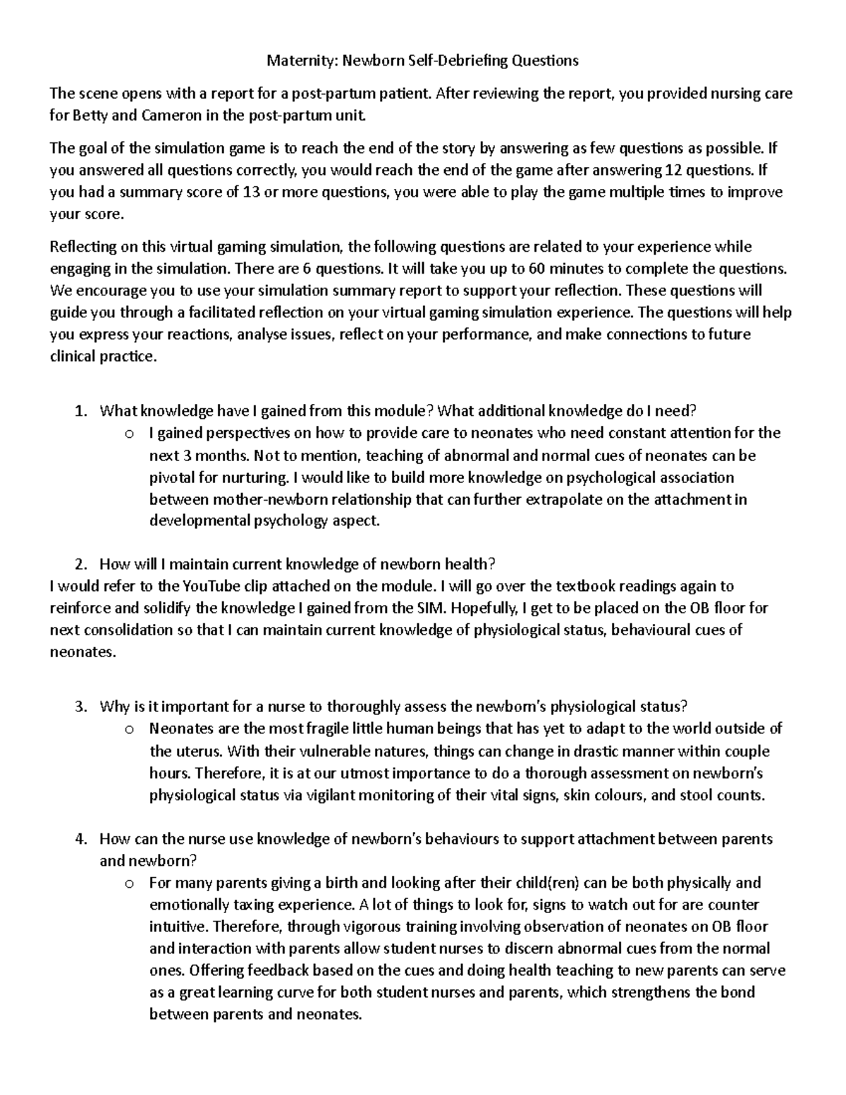 Maternity Newborn Self-Reflection Questions - Maternity: Newborn Self ...