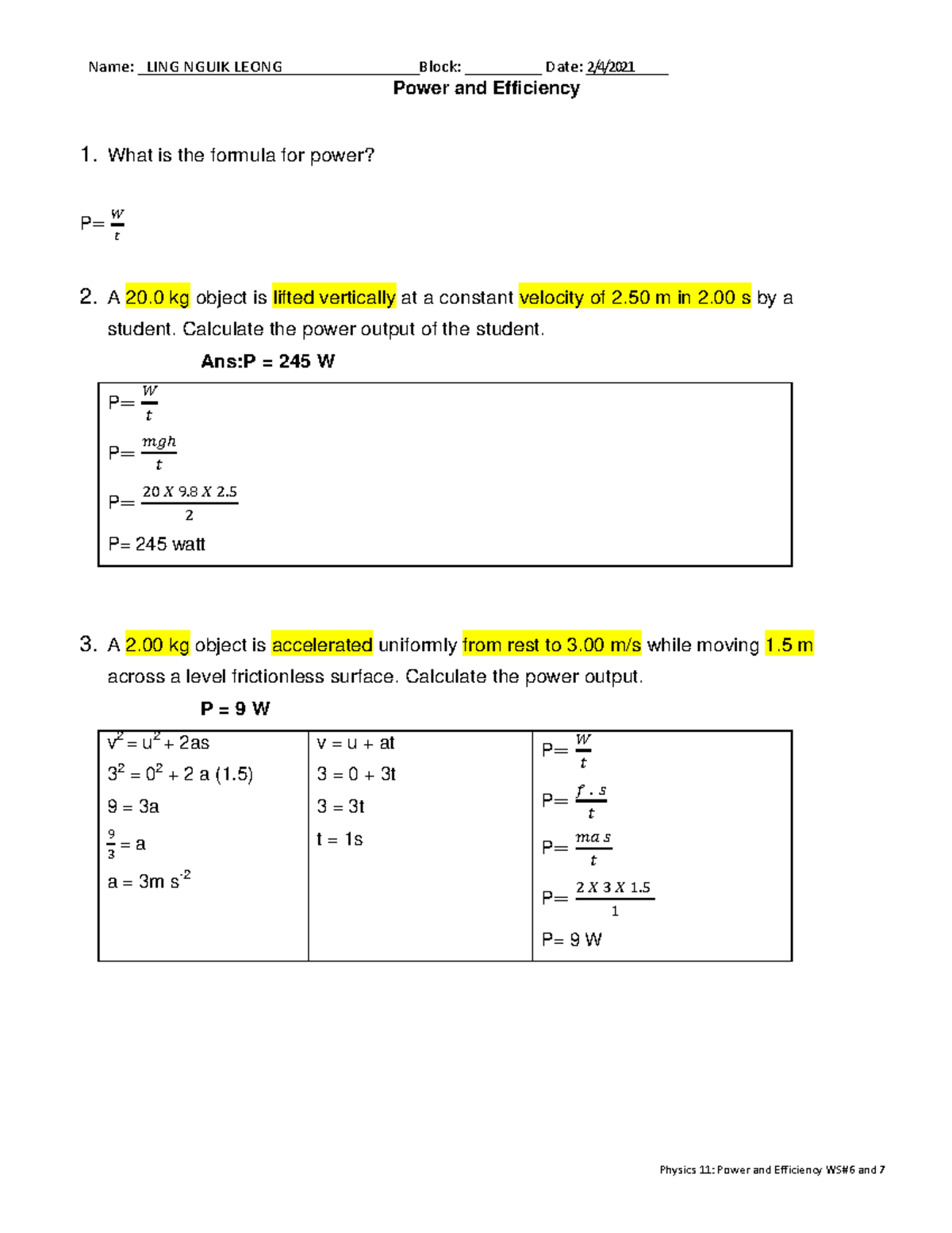 510747847 Power and Eff Worksheet - Power and Efficiency 1. What is the ...