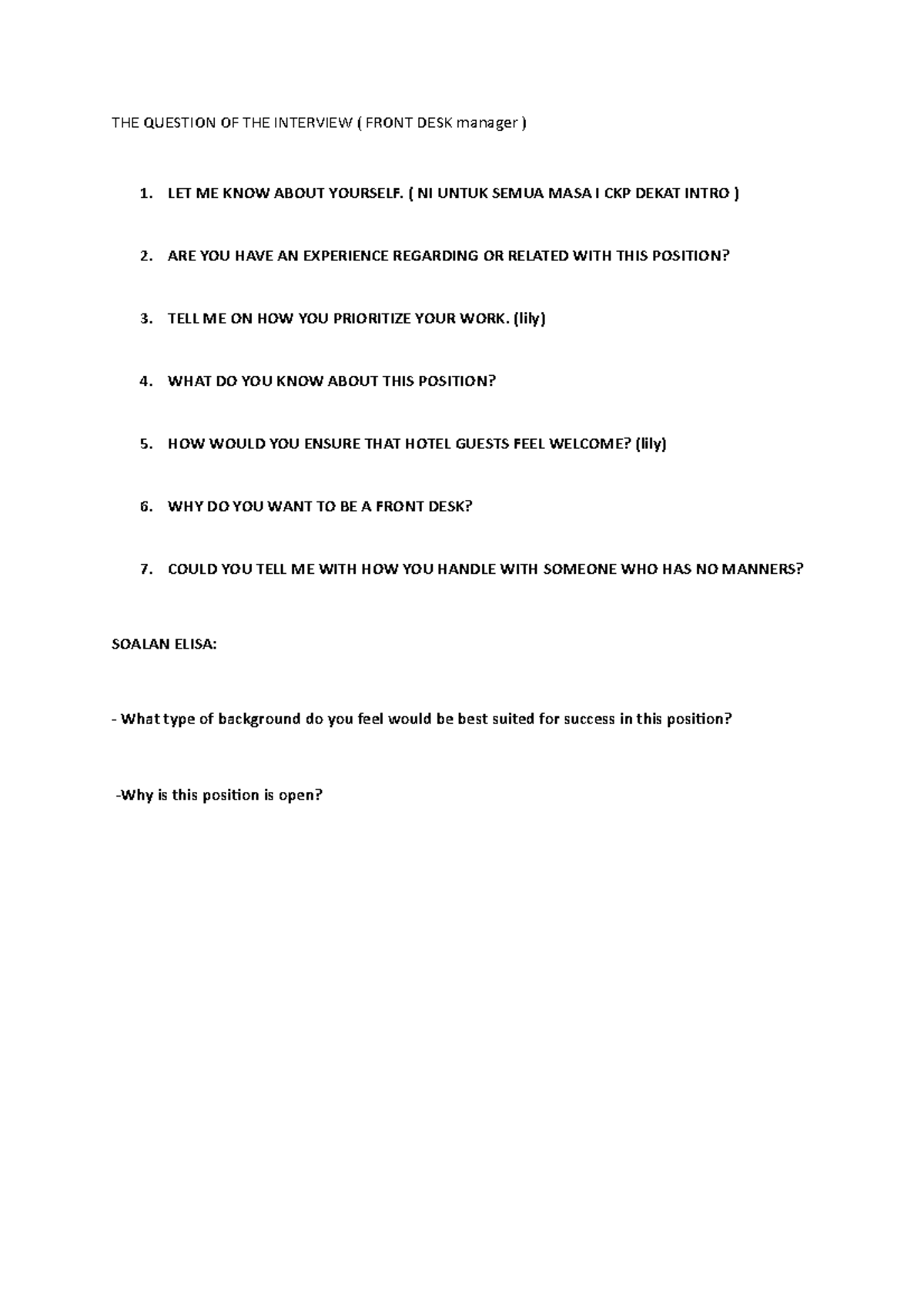 MOCK Interview - THE QUESTION OF THE INTERVIEW ( FRONT DESK manager ...