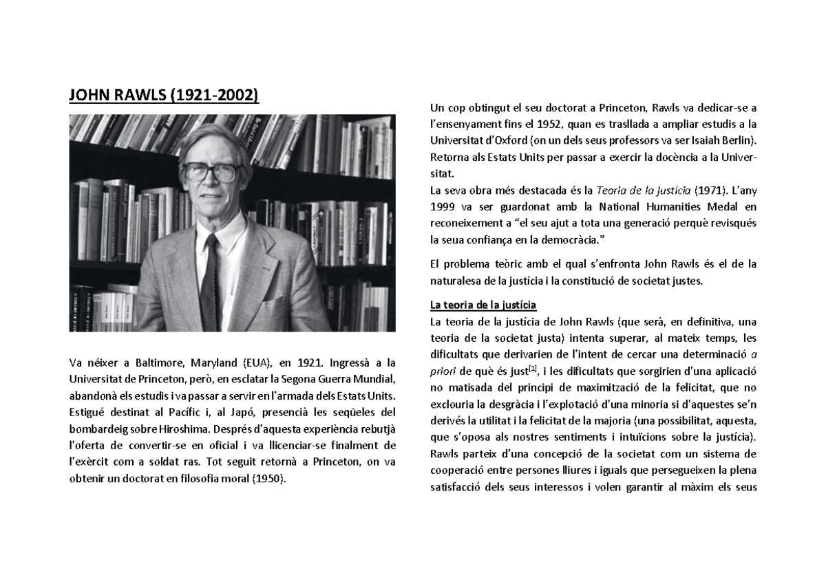 TEXT 6. JOHN Rawls - JHON RWLS - JOHN RAWLS (1921-2002) Va néixer a ...