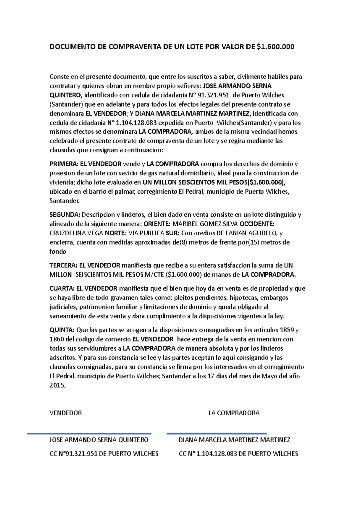 Documento DE Compraventa DE UN LOTE POR Valor DE - DOCUMENTO DE ...