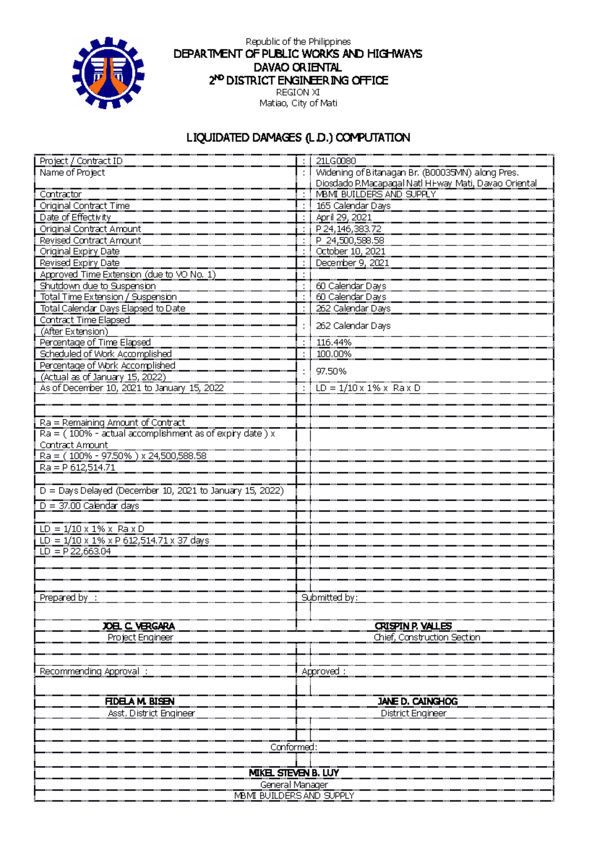 Liquidated Damages LD Republic Of The Philippines DEPARTMENT OF