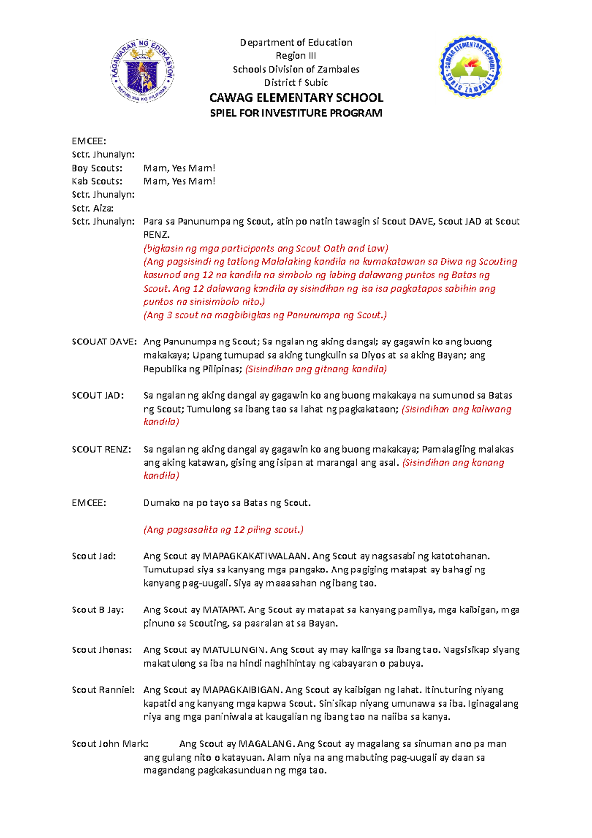 Spiel For Investiture Program with KAB 2019 for scouts - Department of ...