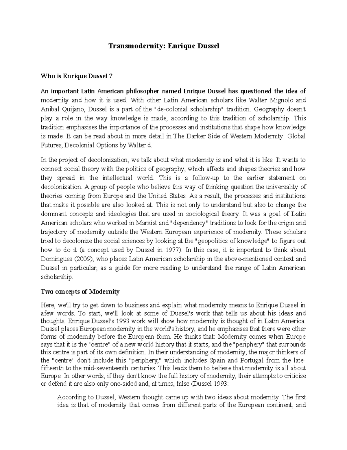 Transmodernity Enrique Dussel - With other Latin American scholars like ...
