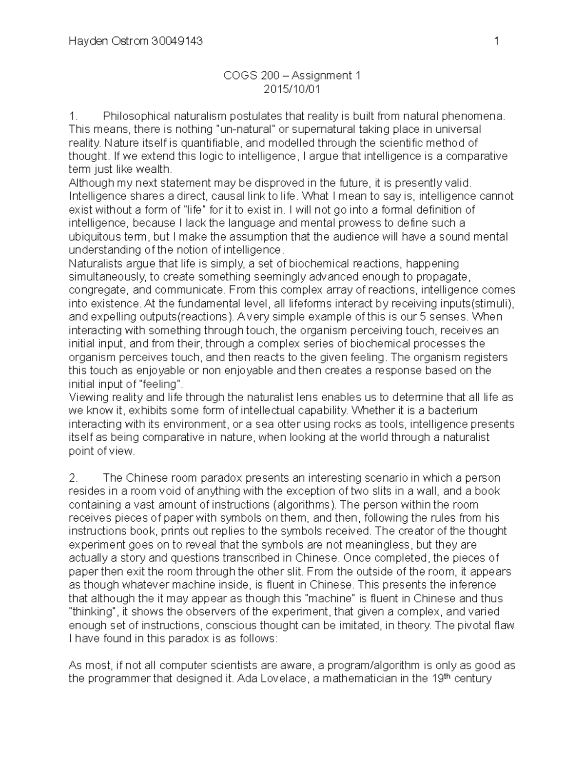 Introduction To Cognitive Systems Assignment 1 - Hayden Ostrom 30049143 1 COGS 200 Assignment 1 ...