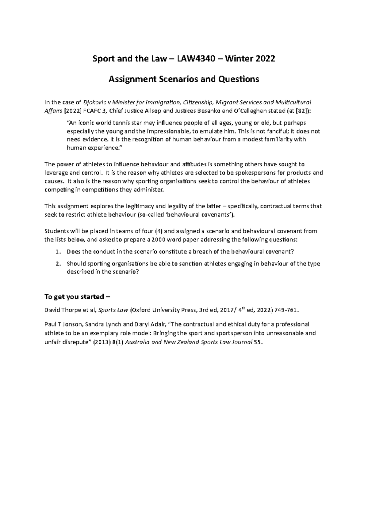 LAW4340 - Sport and the Law - Winter 2022 - Assignment Scenarios and ...