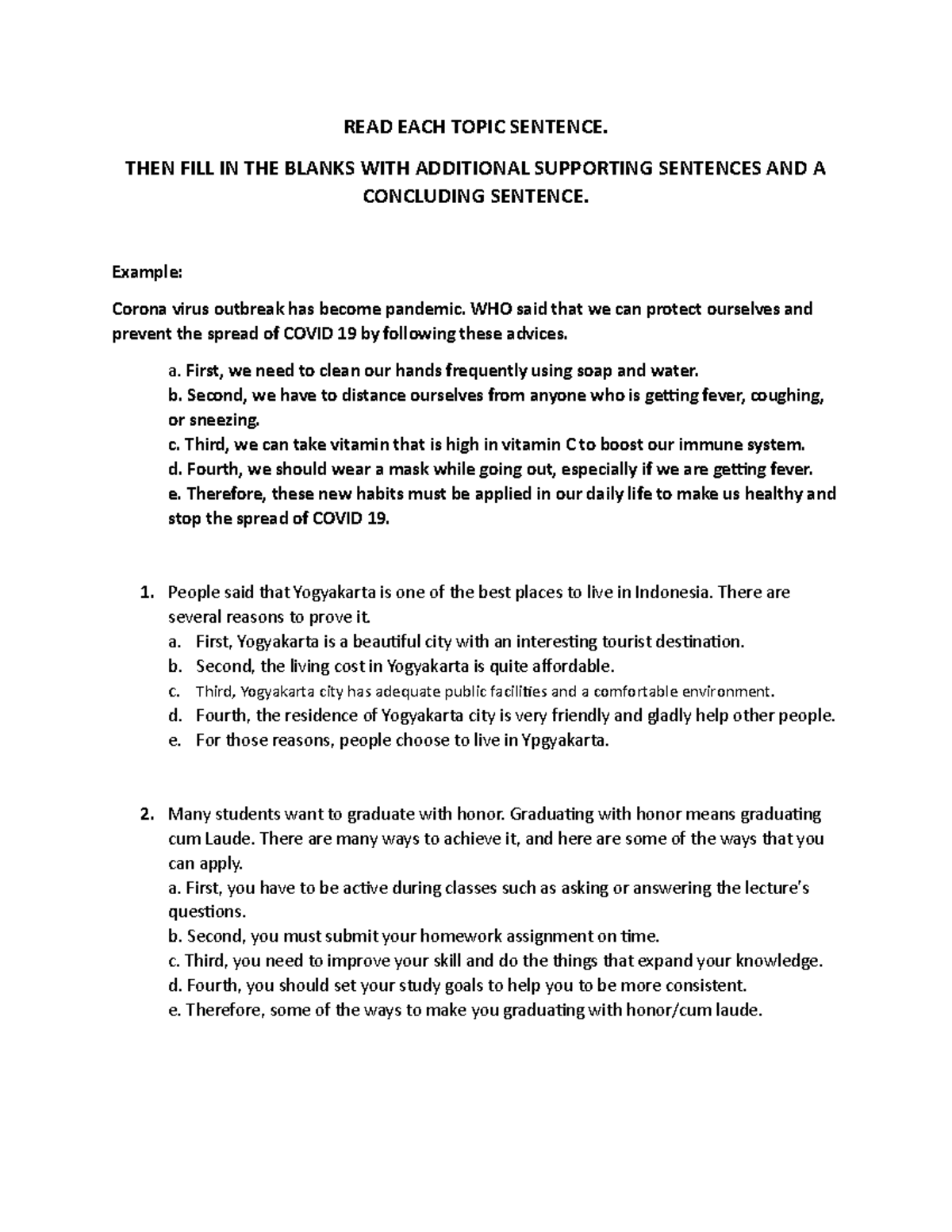 191080400_Exercise 6 - READ EACH TOPIC SENTENCE. THEN FILL IN THE BLANKS WITH ADDITIONAL ...