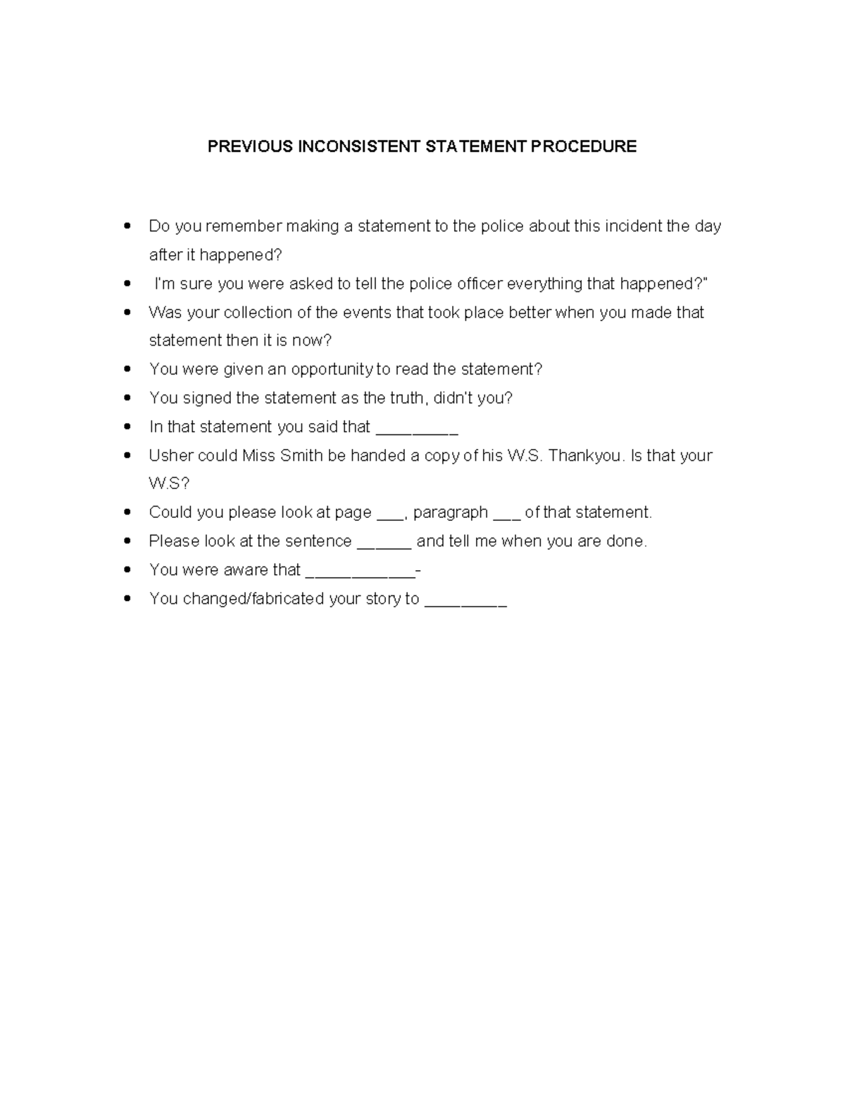 Previous Inconsistent Statement Procedure - PREVIOUS INCONSISTENT ...